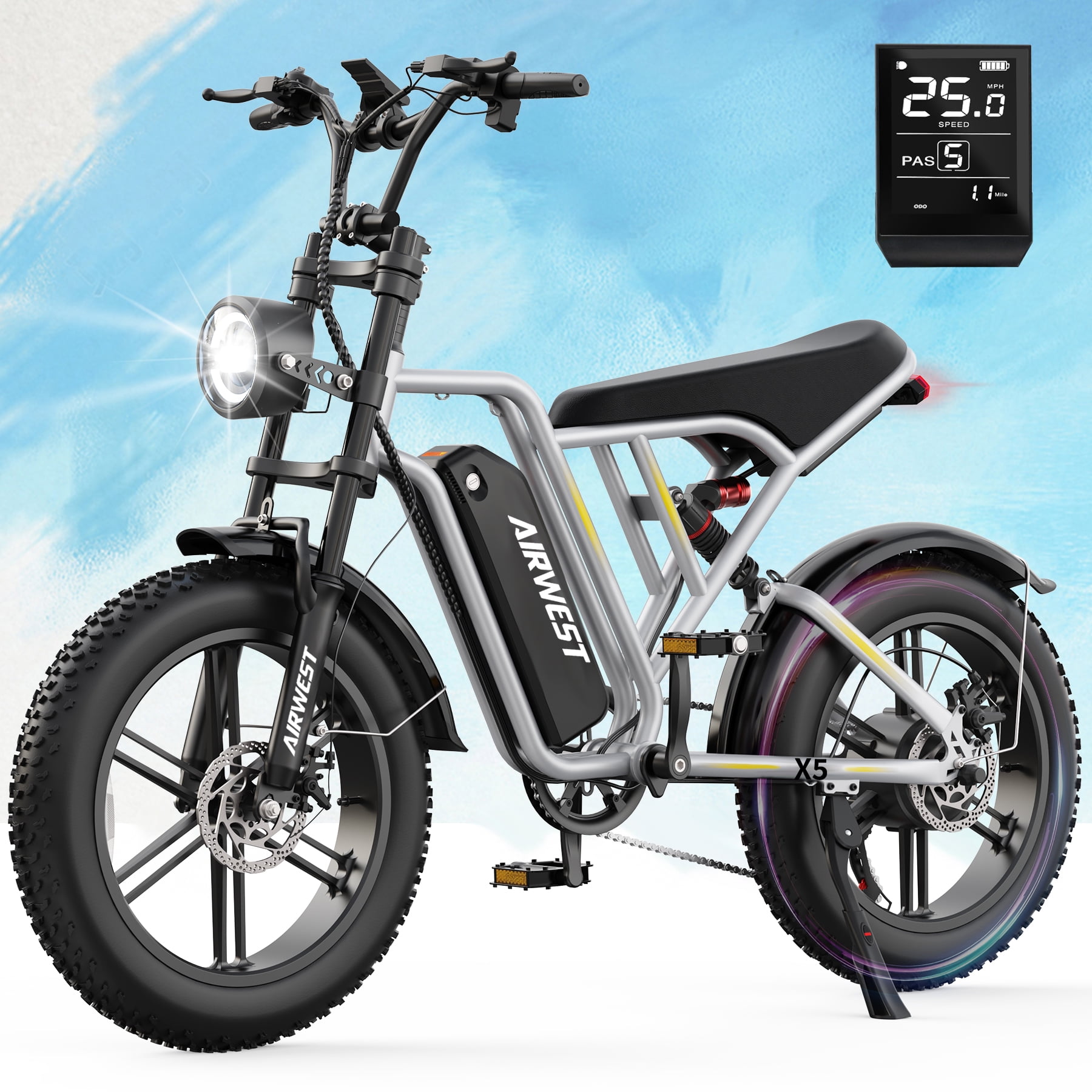 AIRWEST 20"*4.0 Fat Tire Electric Bike for Adults, 750W Mountain Electric Motorcycle, 48V 13Ah ...