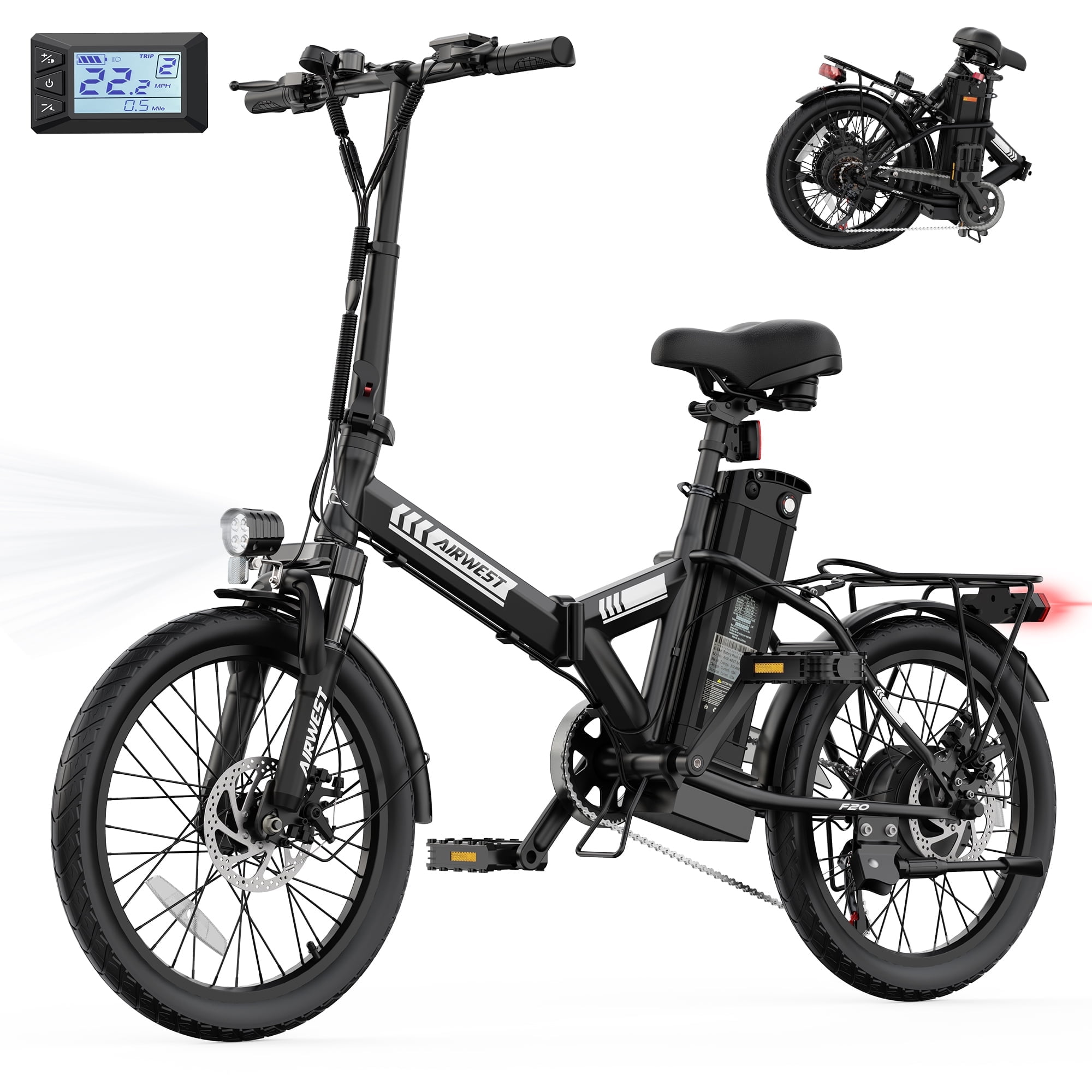 AIRWEST 20" Foldable Electric Bike for Adults, E Bike with Pedal-assist, Peak 750W, Removable ...