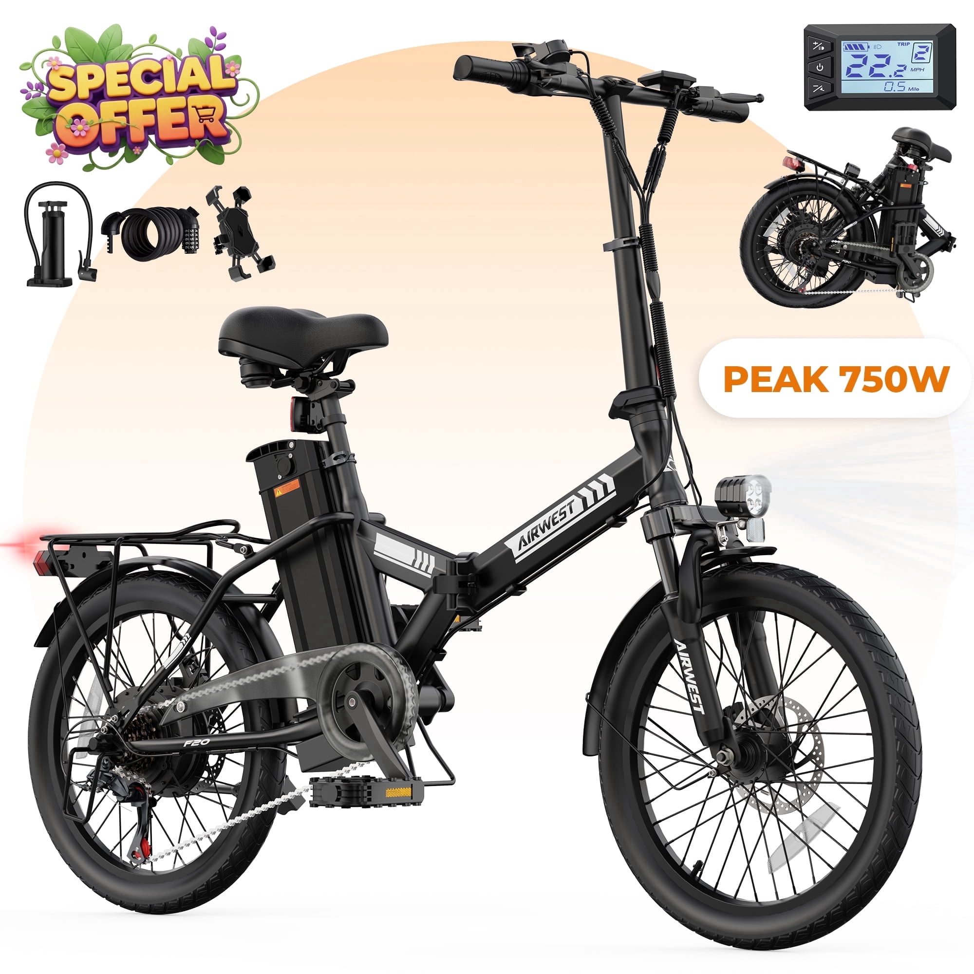 AIRWEST 20" Electric Folding Bike for Adults, 500W Motor 48V Removable ...