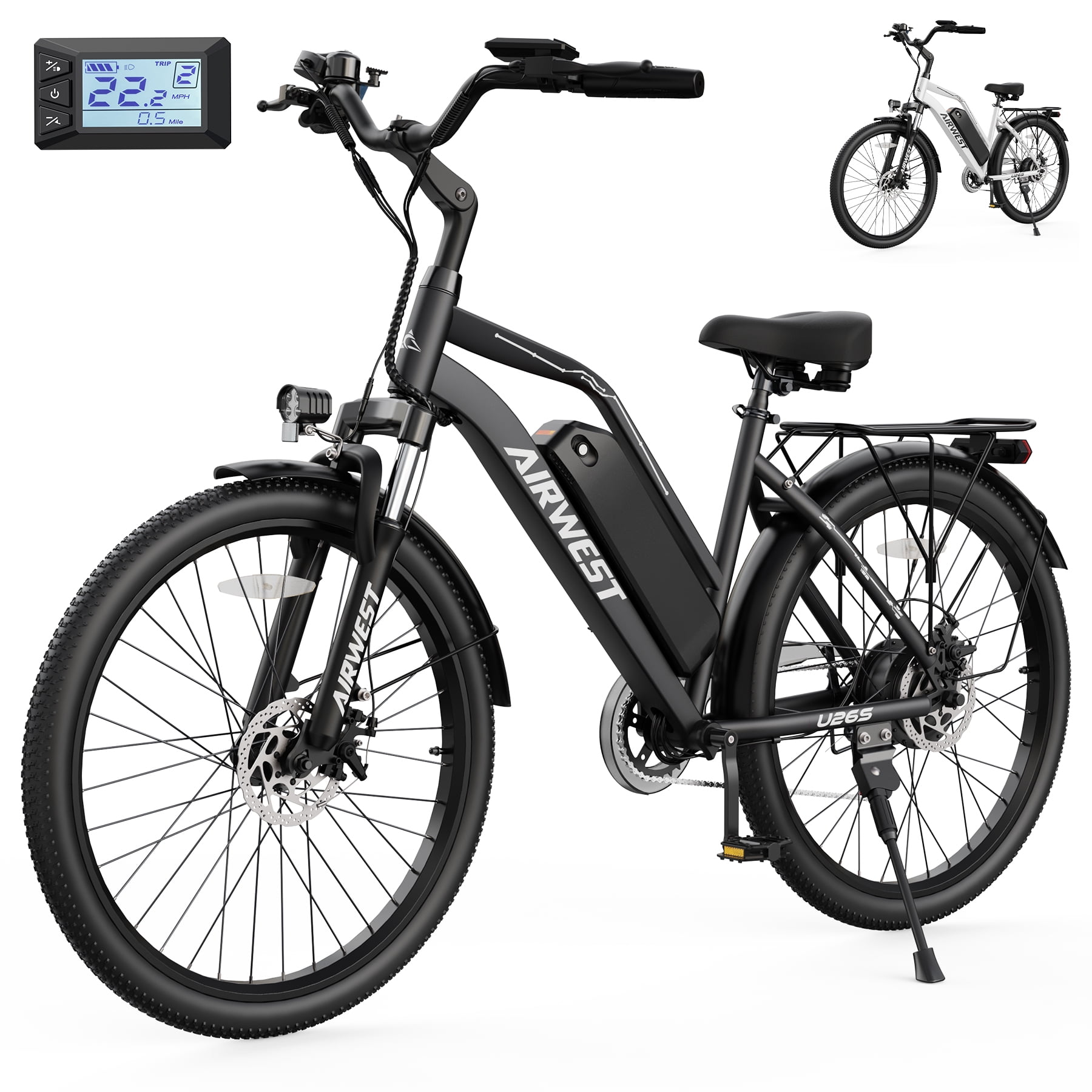 AIRWEST E-bicycle for Adults, Peak 750W Motor Electric Bicycle, 48V 7.8Ah Lithium Battery, 26 ...