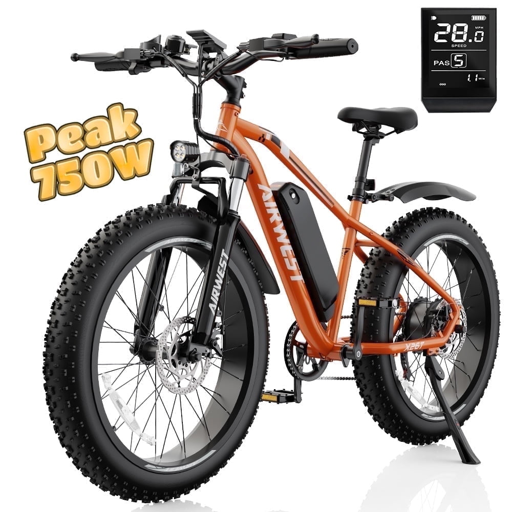 AIRWEST Men's Electric Mountain Bike, 26″ Fat Tire Electric Bike, Peak 750W Motor 48V 13Ah ...