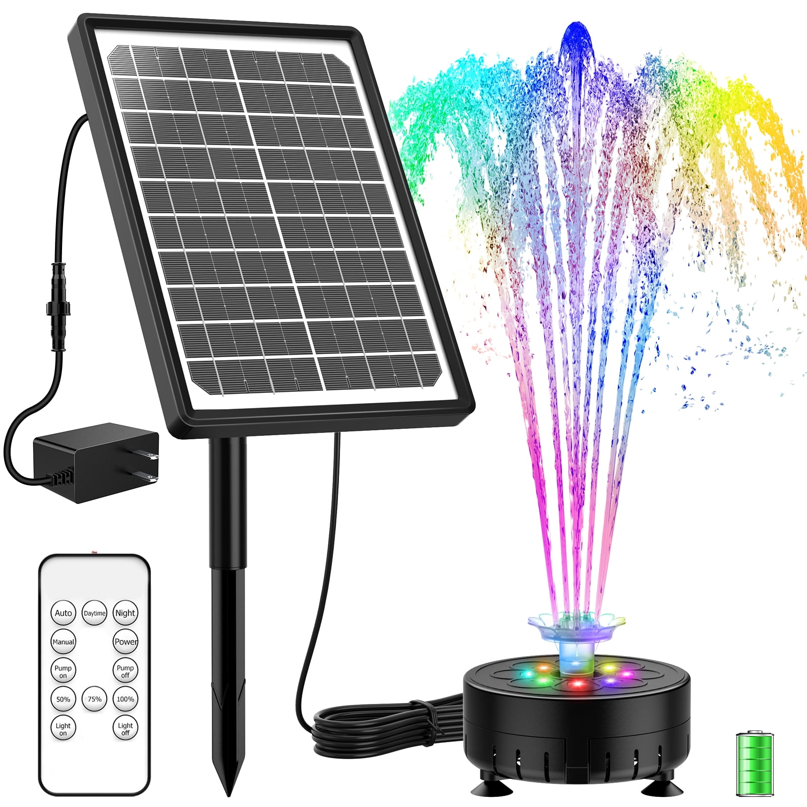 AISITIN 10W Solar Fountain with LED Colorful Lights & 3000mhA Battery ...