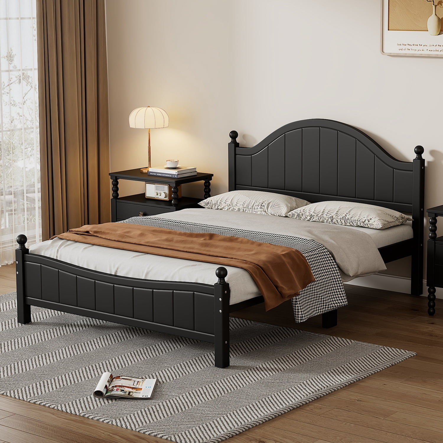 AISWORD Traditional Concise Style Black Solid Wood Platform Bed, No ...