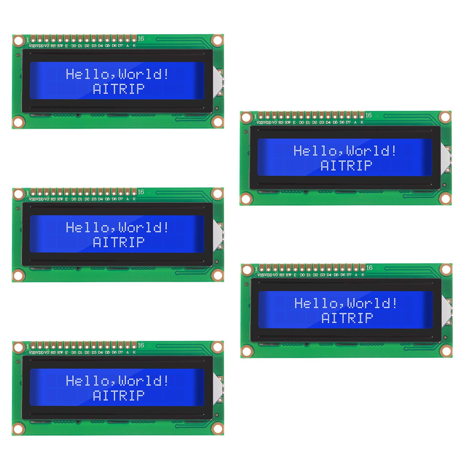 AITRIP 5 pcs HD44780 KEF16 1602 LCD Display Module DC 5V 16x2 Character LCM Blue Blacklight for ...
