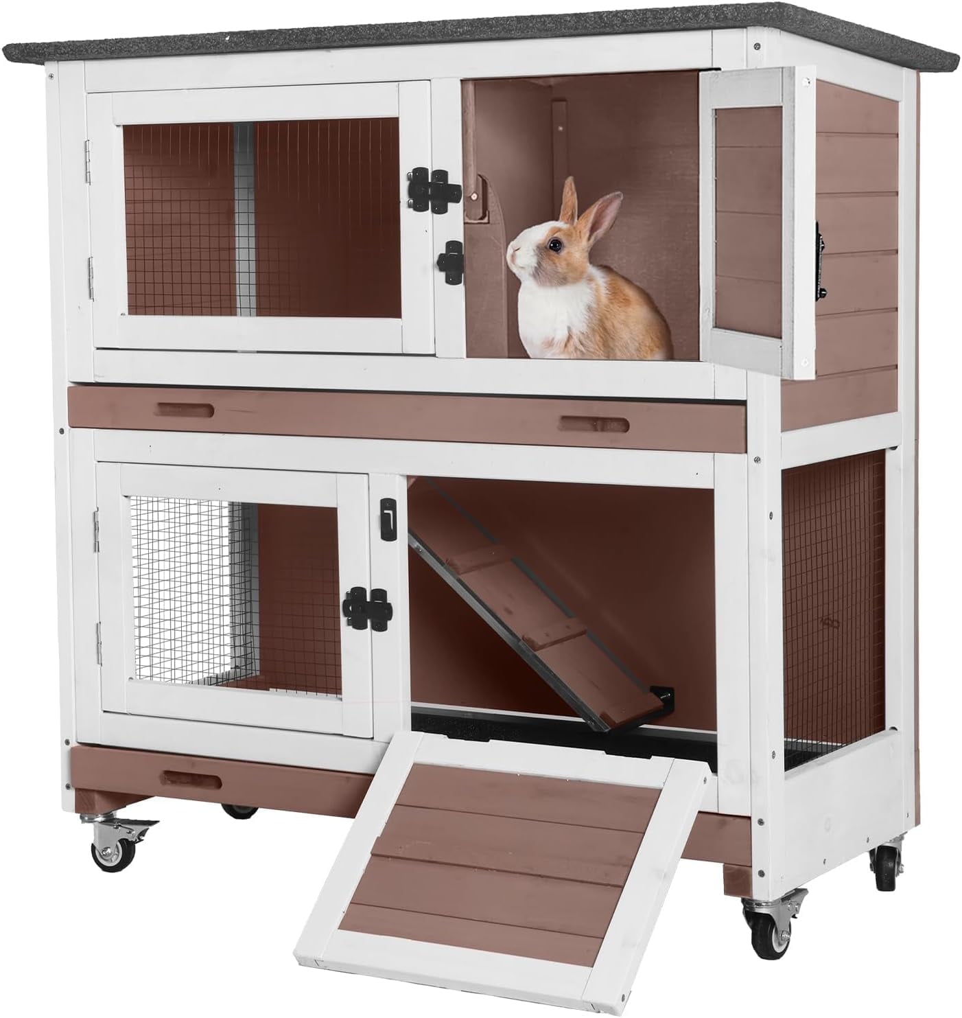 AIVITUVIN Wooden Rabbit Hutch Indoor Outdoor Rabbit Cage with Two ...