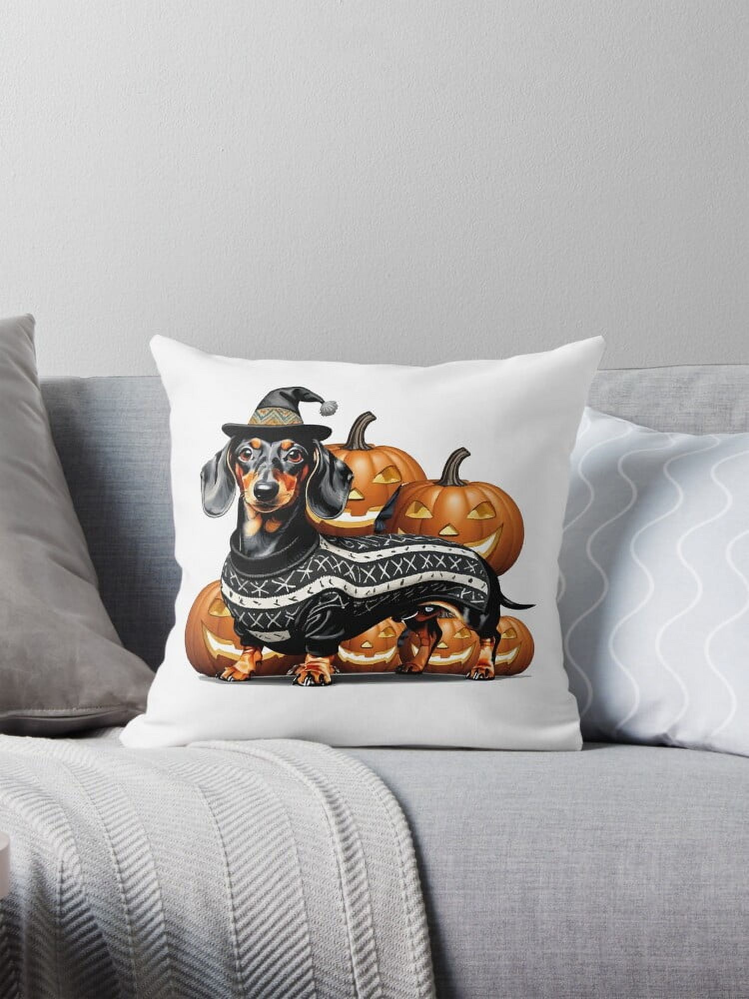 AIVO Dachshund in Halloween Witch Hat with Pumpkin Throw Pillow Covers ...
