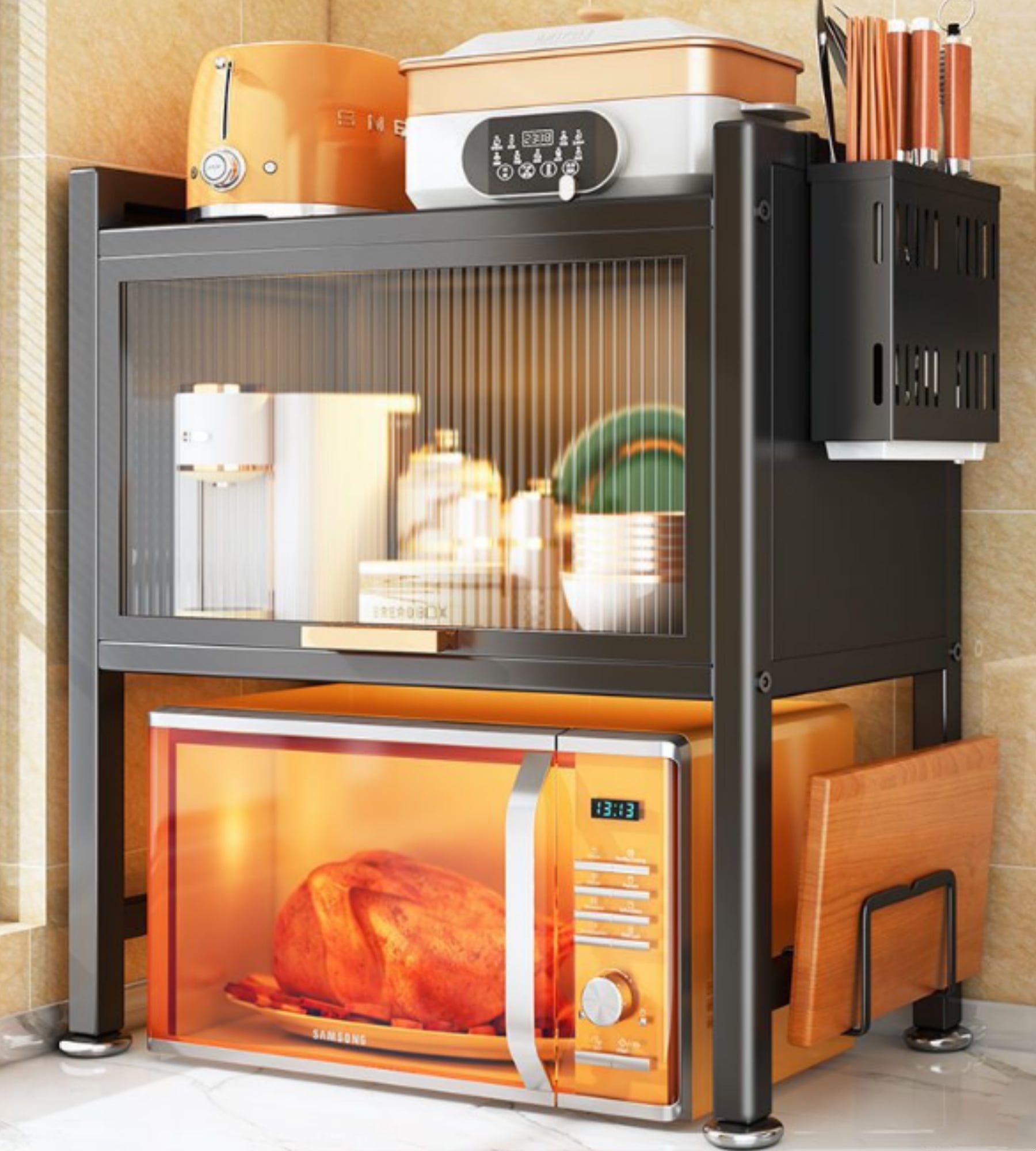 AIWFL 3-Tier Microwave Oven Rack with Flip-up Door, Microwave Cabinet ...