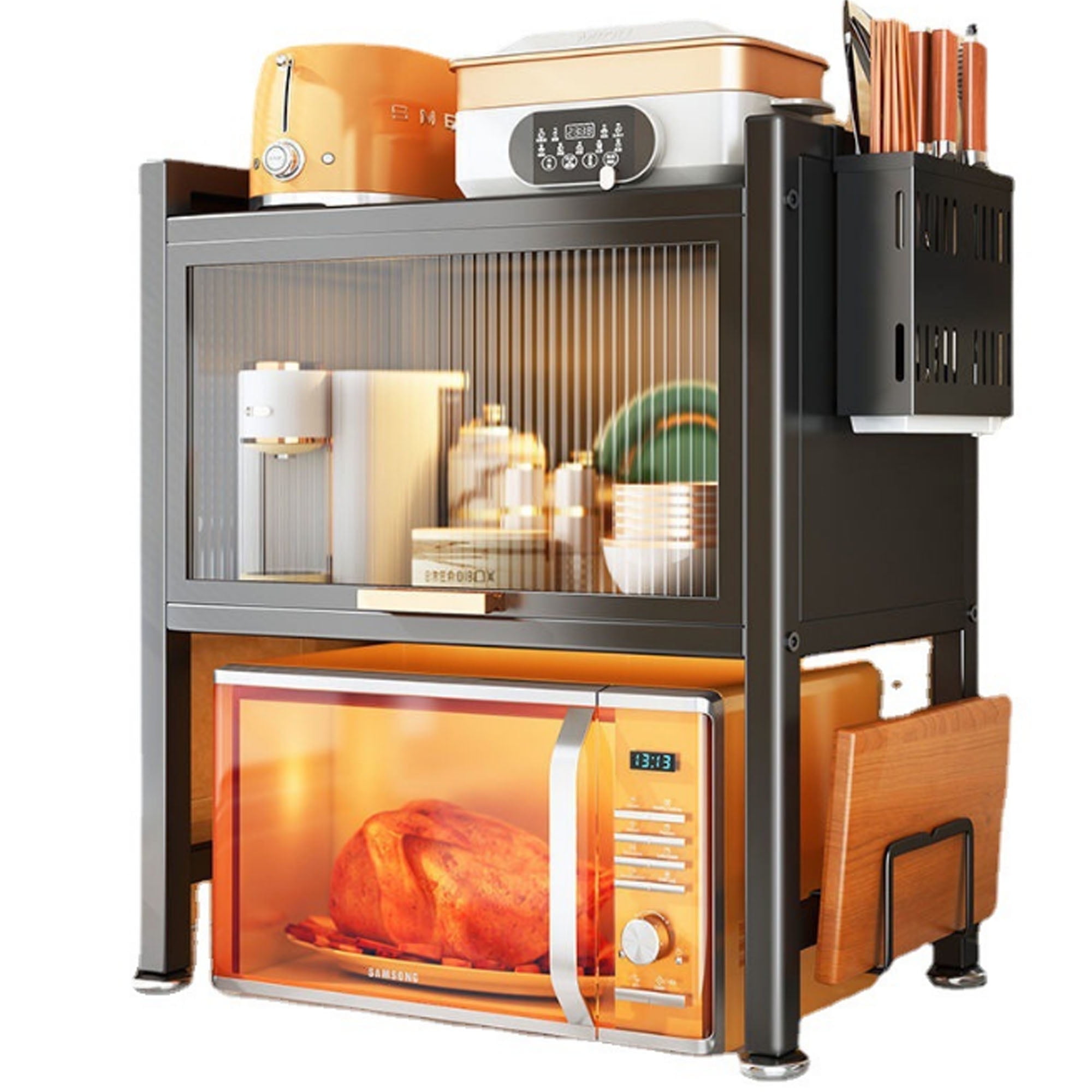 AIWFL 3-Tier Microwave Oven Rack with Flip-up Door, Microwave Cabinet ...