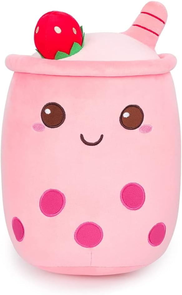 AIXINI 19.6 inch Stuffed Bubble Tea Plush Strawberry Pillow Cartoon Cylindrical Milk Boba Tea ...