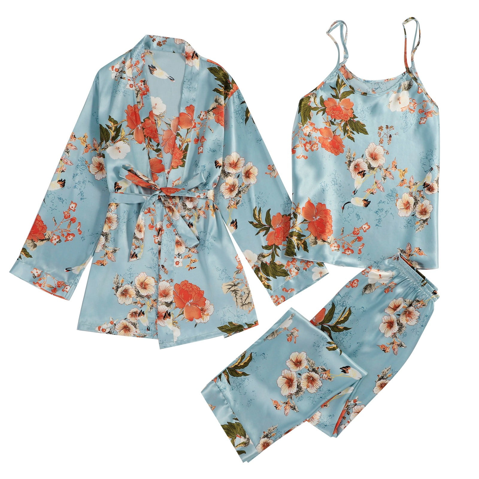 AIYUQ.U Stylish Silk Floral Print Vest Night Robe Set + Camisole + Silk ...