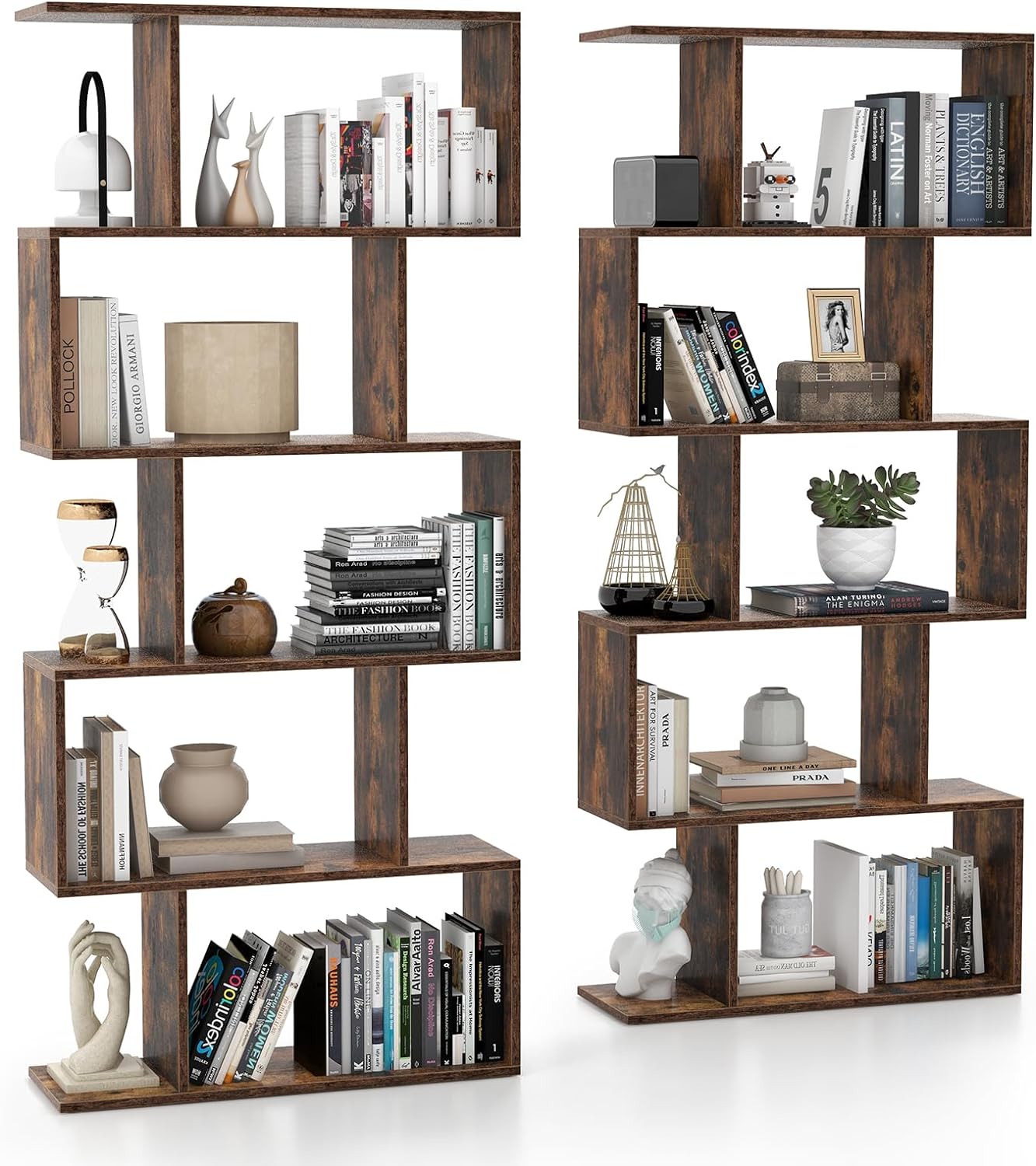 AIZYT 5-Tier Geometric Bookshelf, S Shaped Bookcase w/Anti-Toppling ...