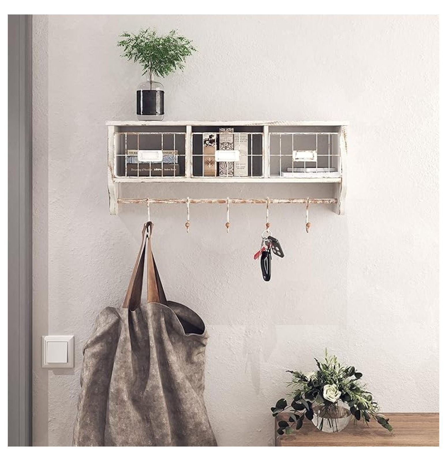 AIZYT Creations Wall Mounted Shelf with Coat Hooks and Baskets, Solid ...