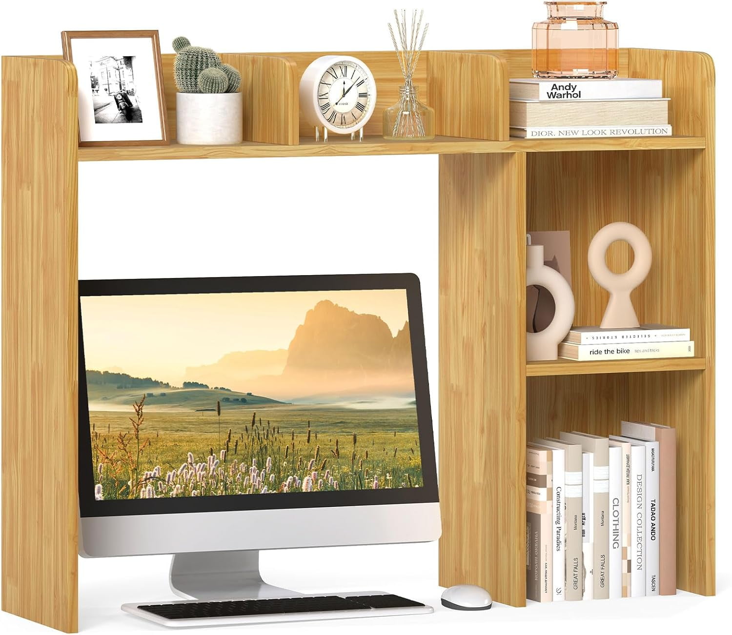 AIZYT Desktop Bookshelf, Wood Desk Hutch Organizer for 27 Inch Computer ...