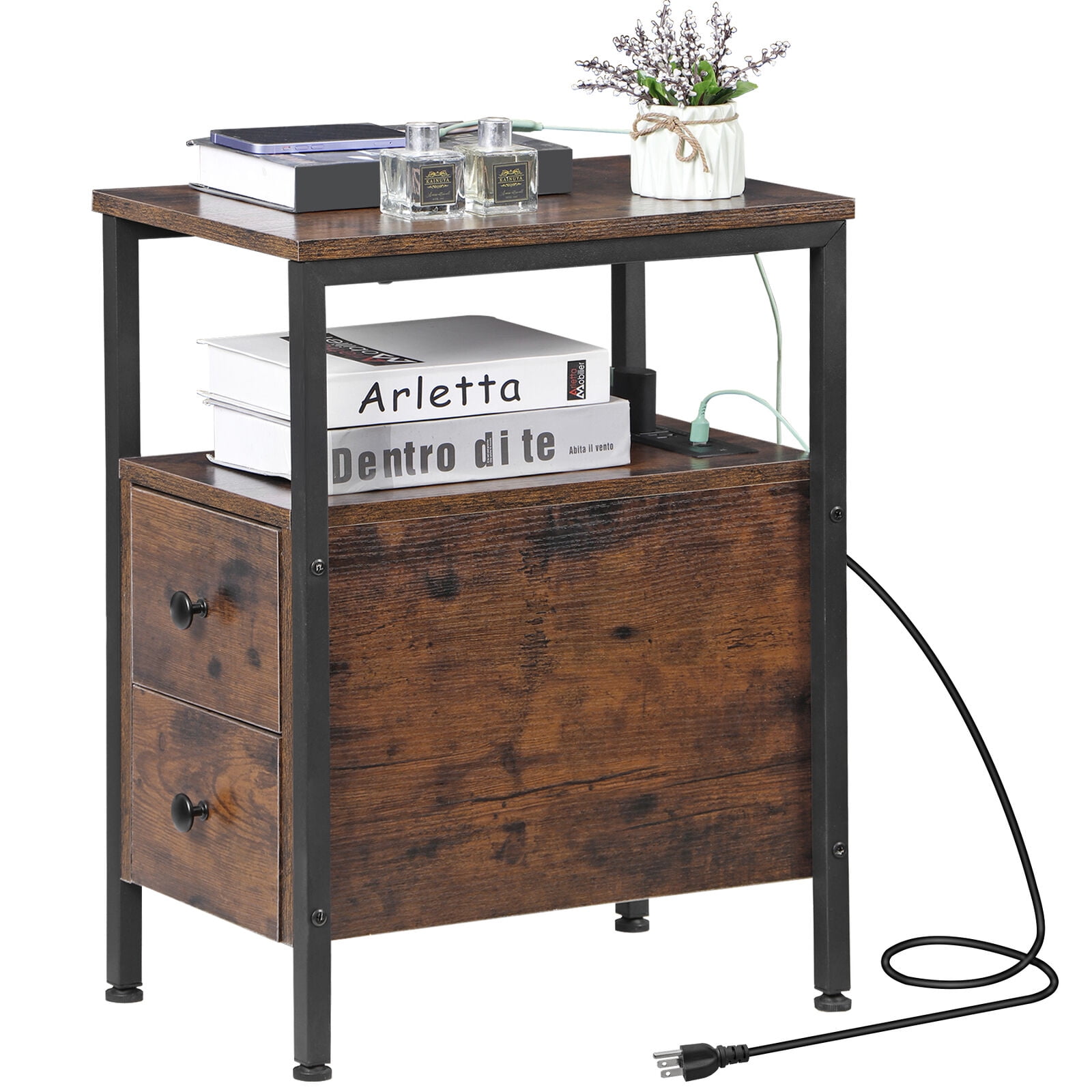 AIZYT End Table with Charging Station and 2 Drawer, Narrow Flip Top ...