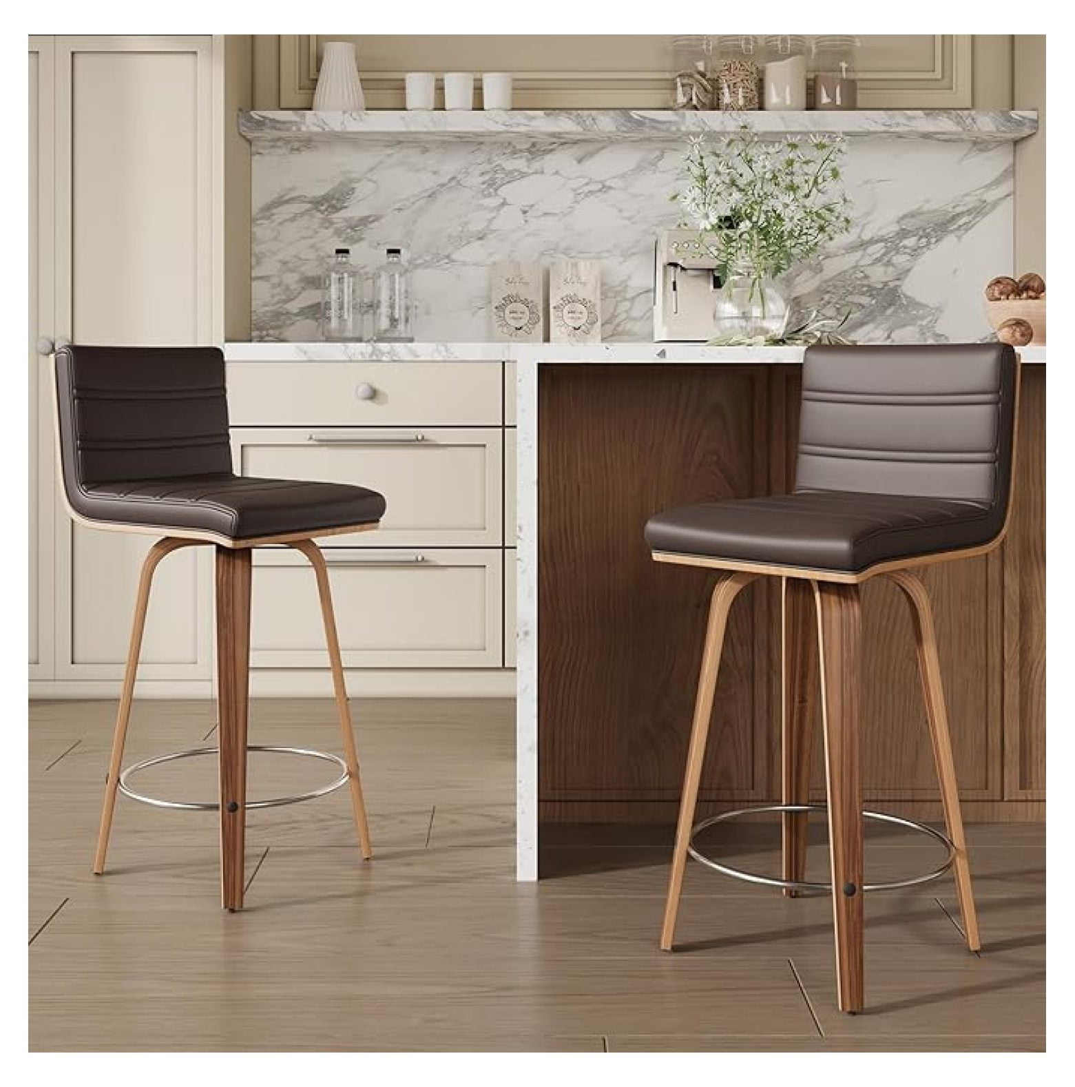 AIZYT L-Shaped Bar Stools Set of 2, PU Leather Upholstered Swivel Bar ...