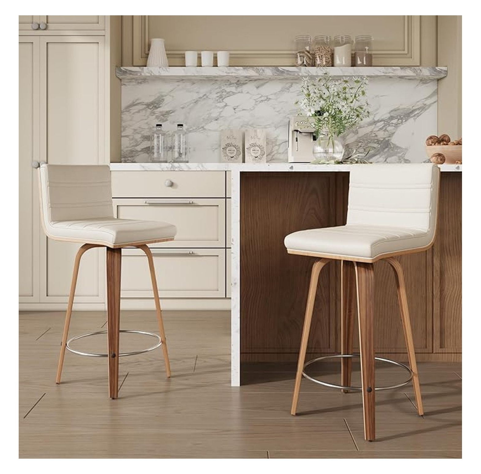 AIZYT L-Shaped Bar Stools Set of 2, PU Leather Upholstered Swivel Bar ...