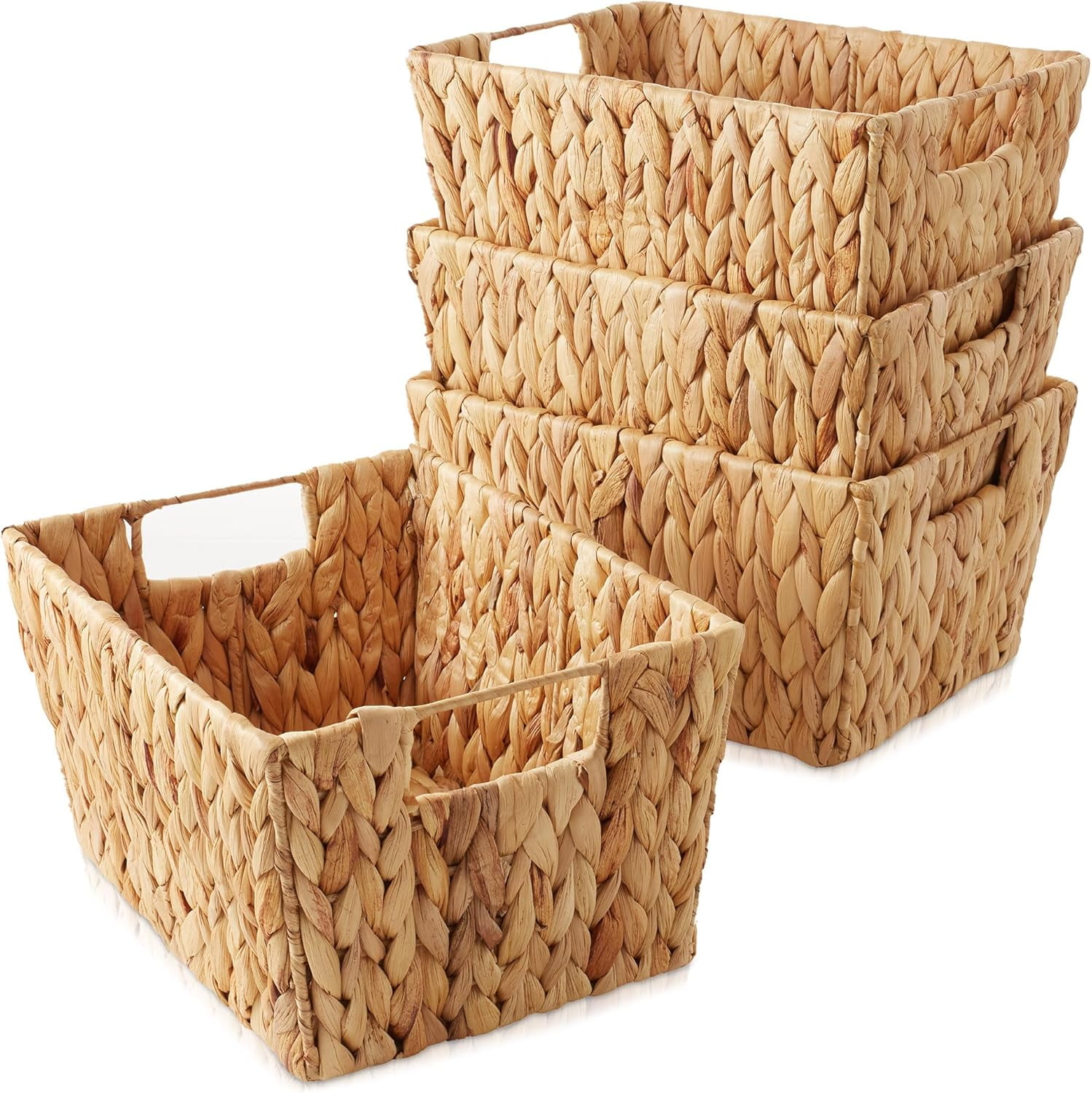 AIZYT Set of 4 Water Hyacinth Storage Baskets with Handles - Natural ...