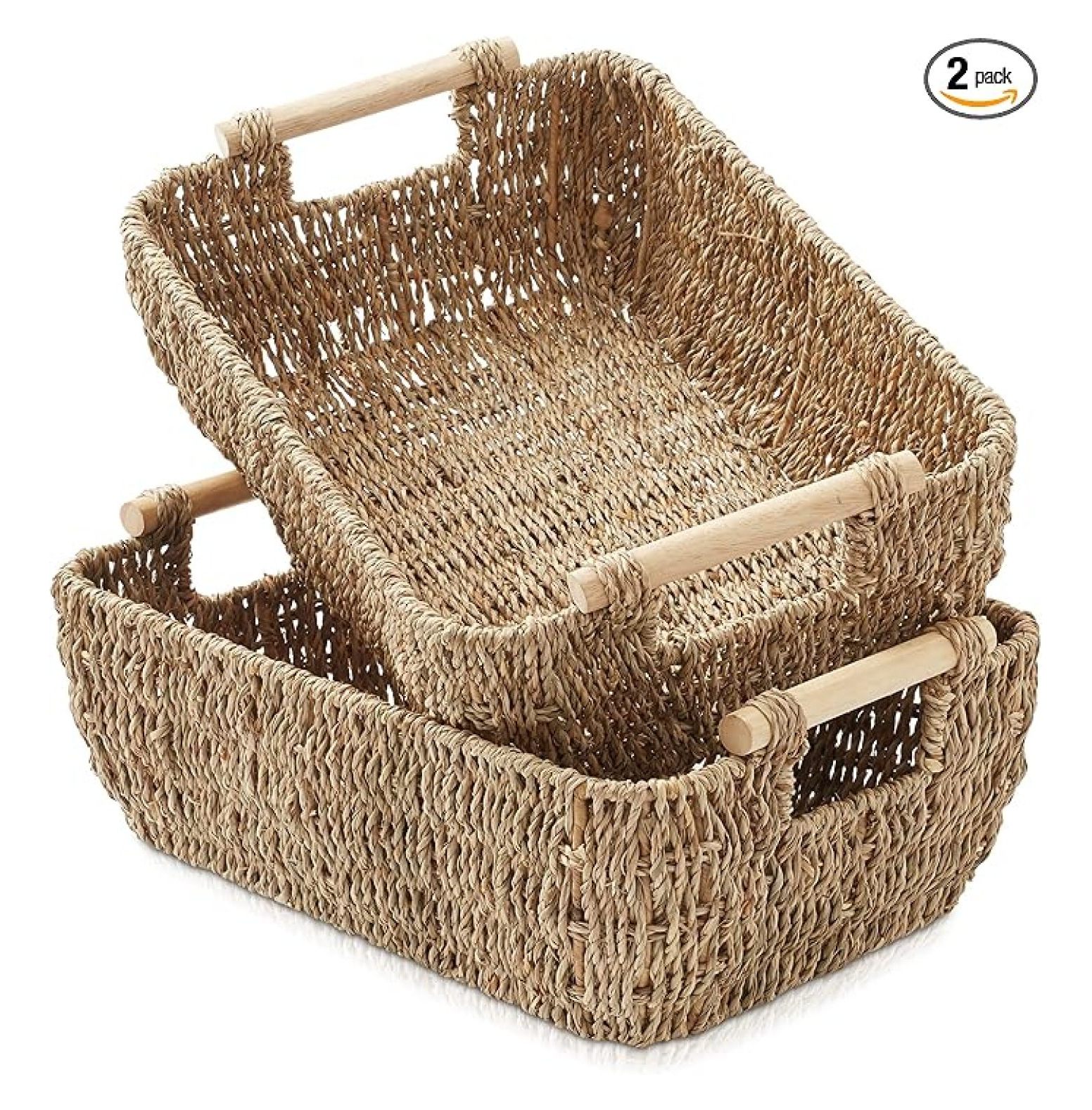 AIZYT Set of 2 Seagrass Oval Storage Baskets with Wooden Handles ...