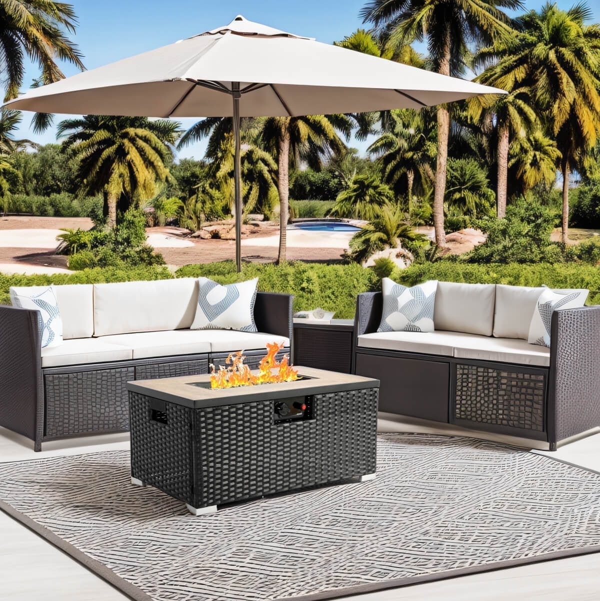 AJ Enjoy 32'' Propane Fire Pit Table, Marble Textured Ceramic Tabletop, 50,000 BTU Fire Table ...