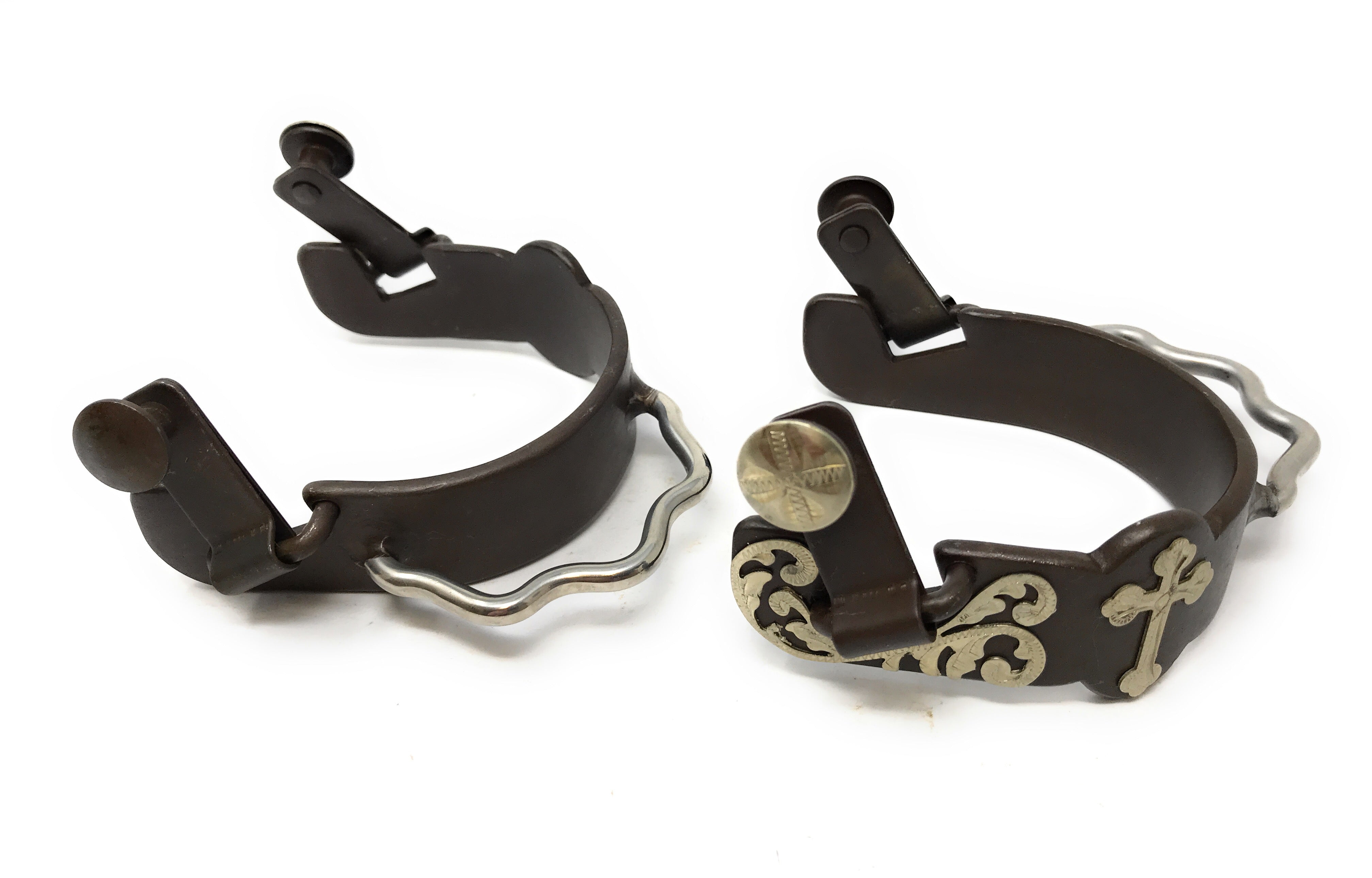 AJ Tack Men's Antique Brown Bumper Spurs with Silver Cross and Floral ...