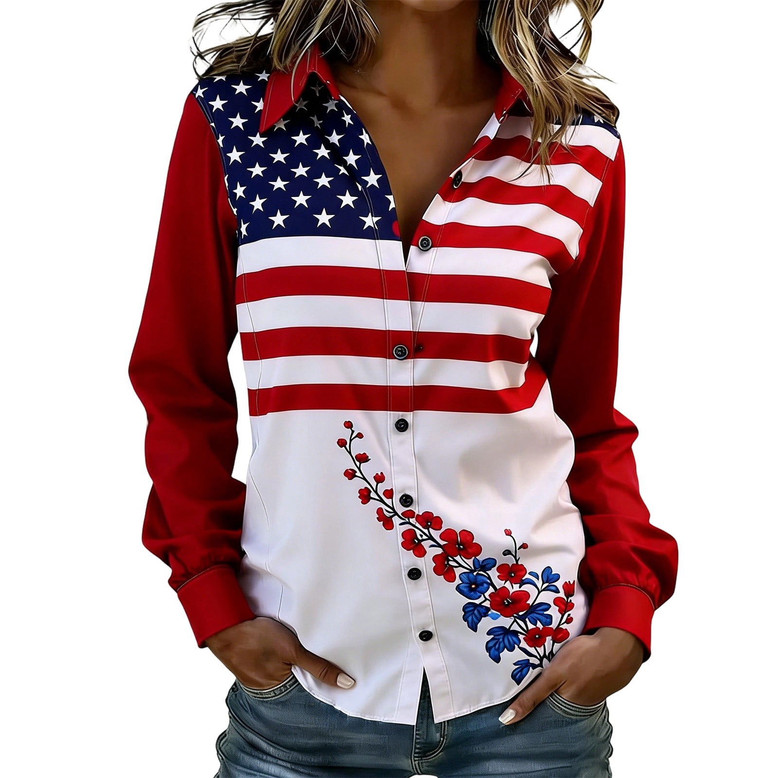 AJGRHE 4th of July Style Button Down Shirt for Women, Casual Flag Print ...