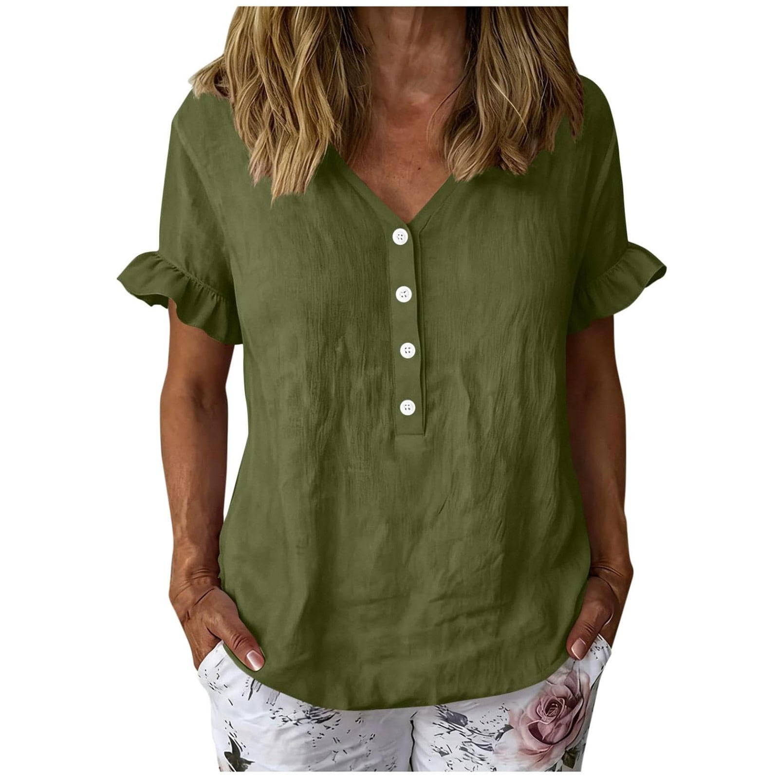 AJGRHE Casual Notch Neck Button Detail Petal Sleeve Blouse Short Sleeve ...