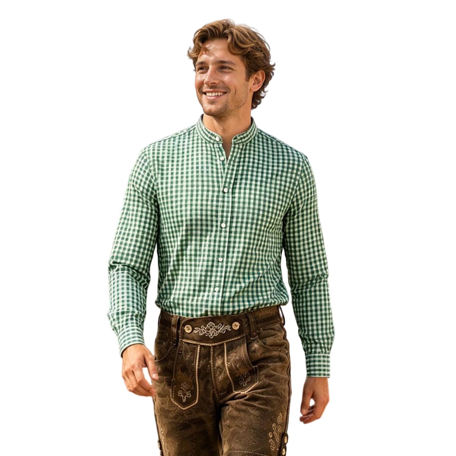 AJGRHE Classic Plaid Mandarin Collar Mens Shirt, Wheat Embroidery Long ...