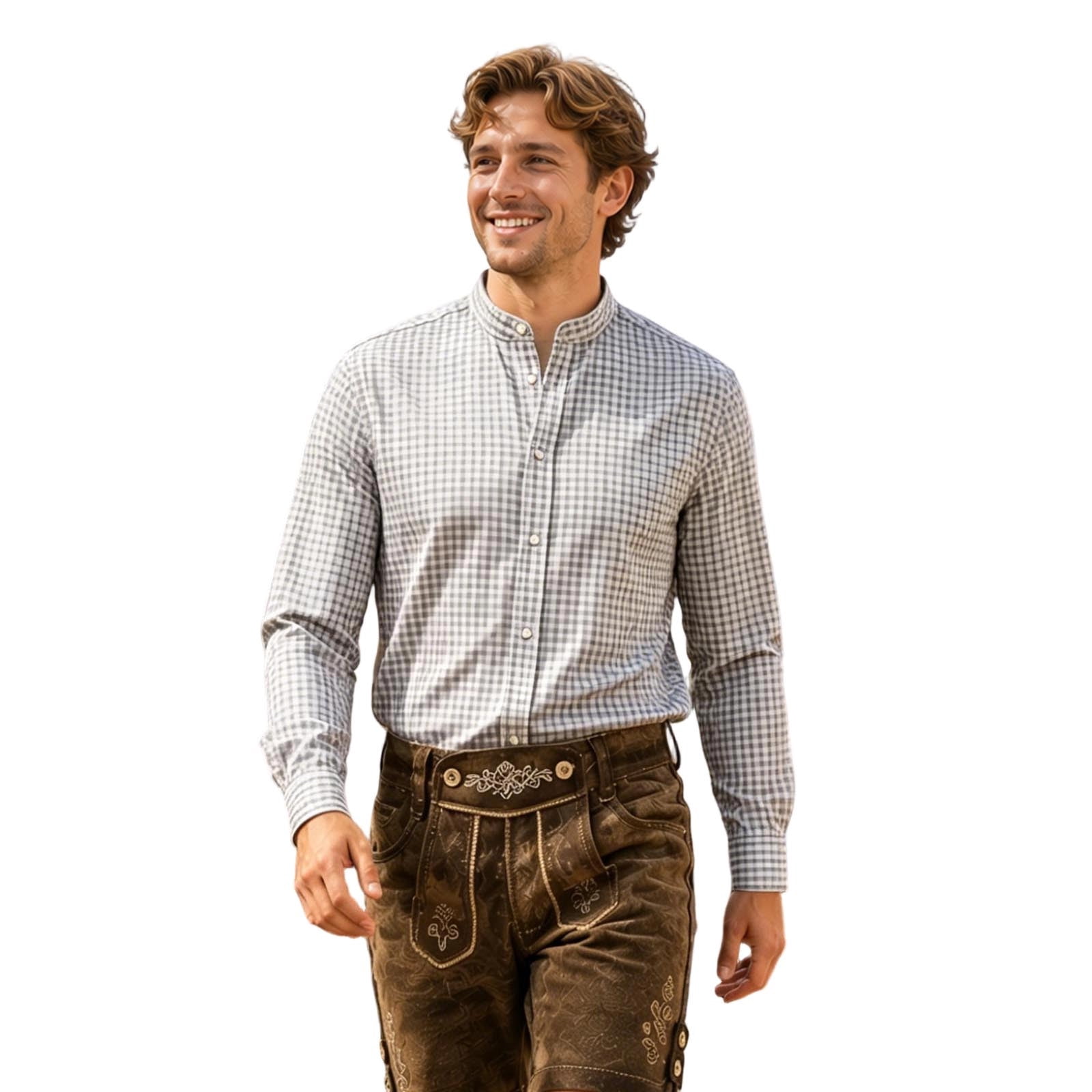 AJGRHE Classic Plaid Mandarin Collar Mens Shirt, Wheat Embroidery Long ...