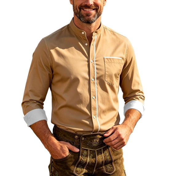 AJGRHE Classic Plaid Mandarin Collar Mens Shirt, Wheat Embroidery Long ...