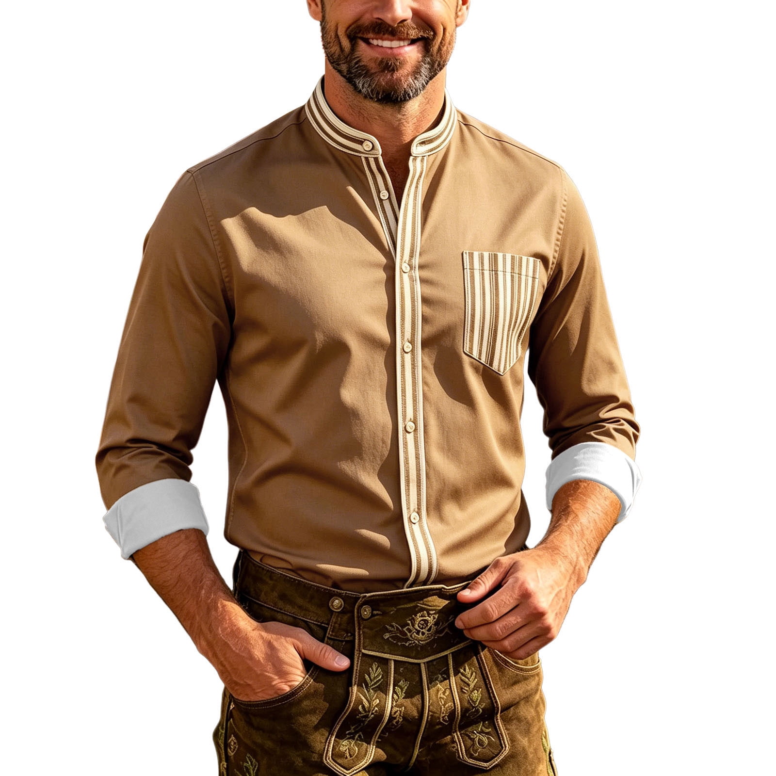 AJGRHE Classic Plaid Mandarin Collar Mens Shirt, Wheat Embroidery Long ...