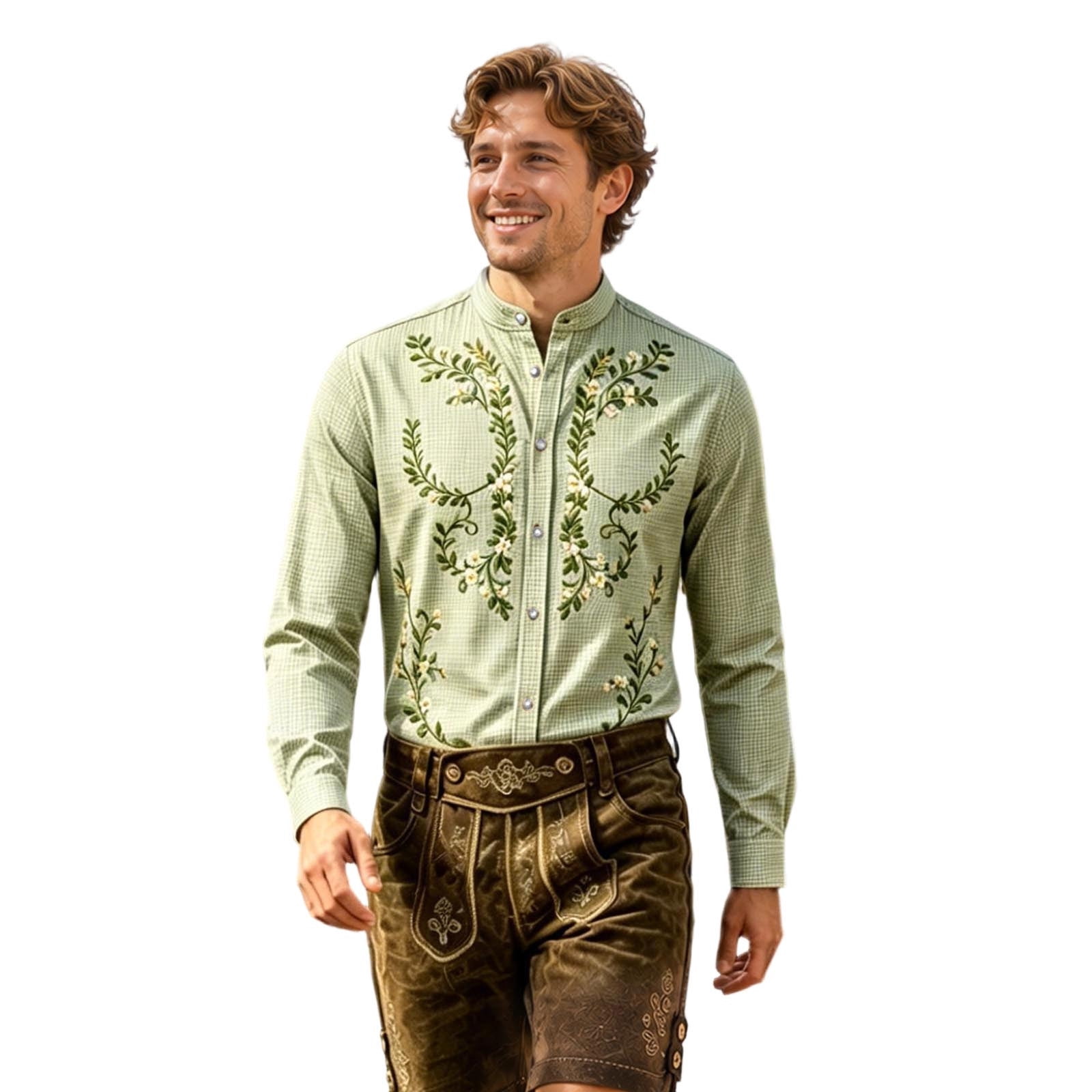 AJGRHE Classic Plaid Mandarin Collar Mens Shirt, Wheat Embroidery Long ...