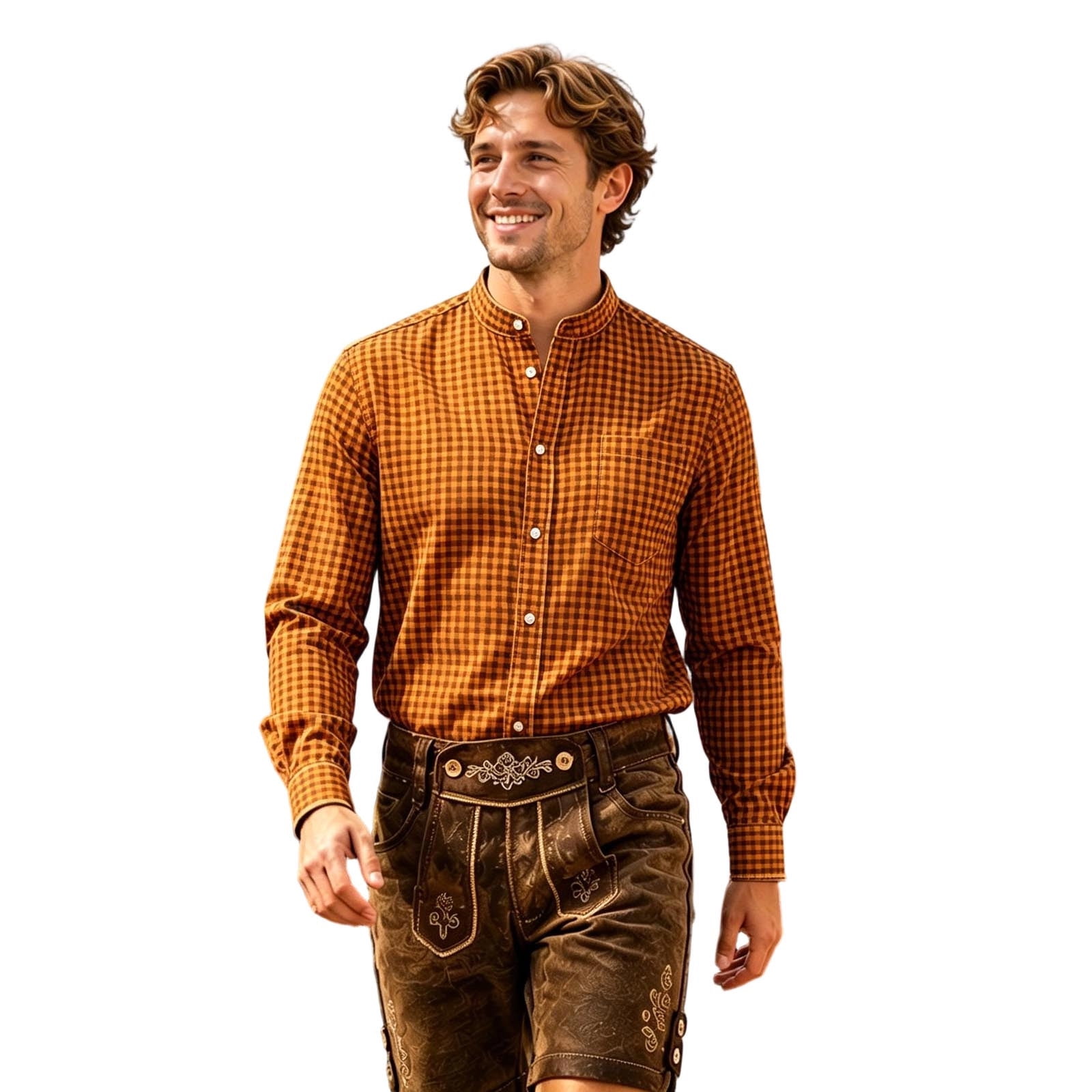 AJGRHE Classic Plaid Mandarin Collar Mens Shirt, Wheat Embroidery Long ...