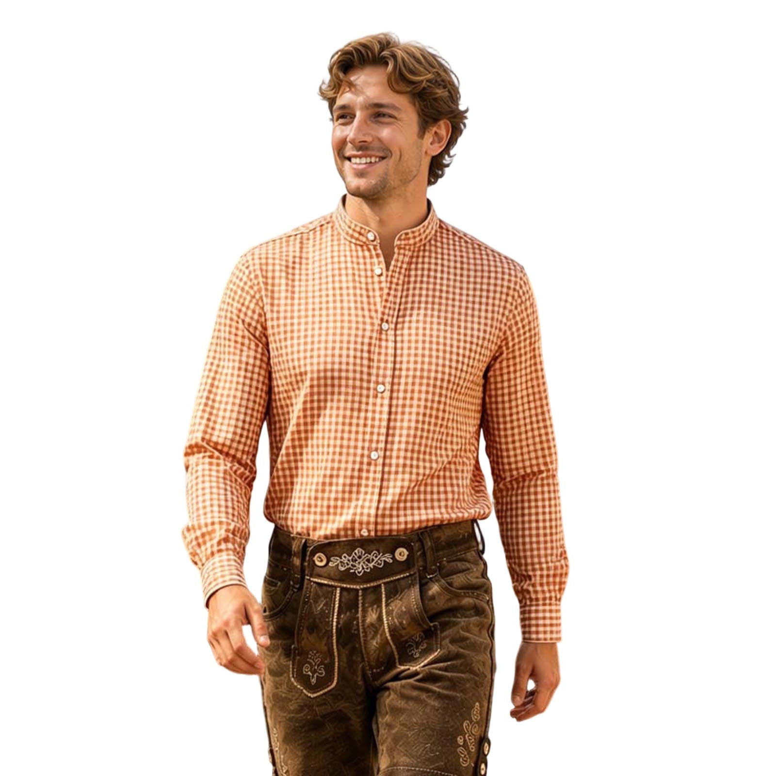 AJGRHE Classic Plaid Mandarin Collar Mens Shirt, Wheat Embroidery Long ...