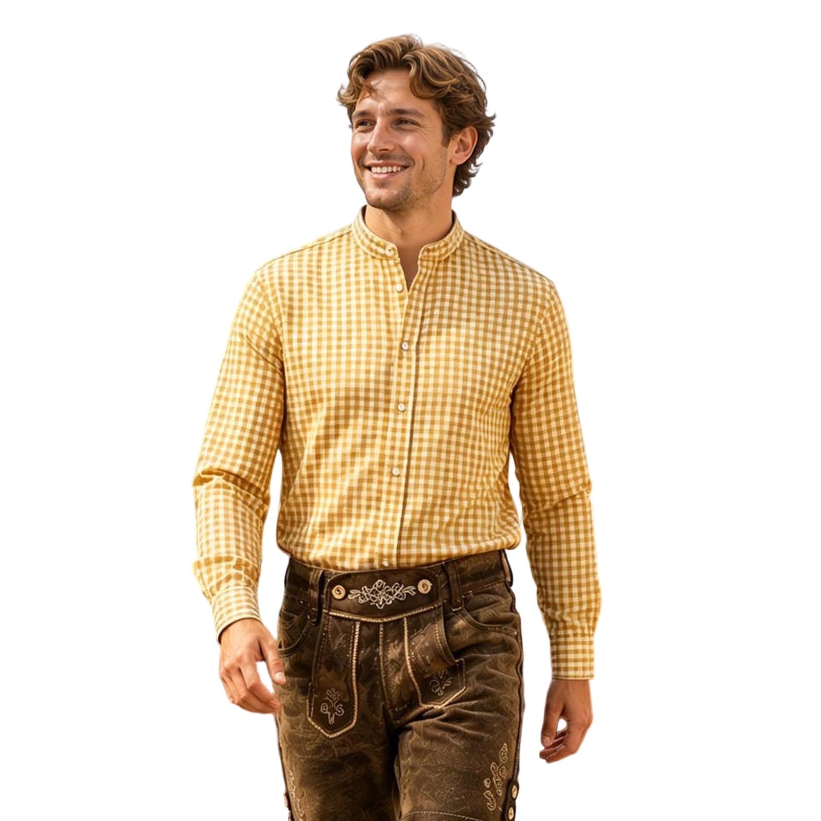 AJGRHE Classic Plaid Mandarin Collar Mens Shirt, Wheat Embroidery Long ...