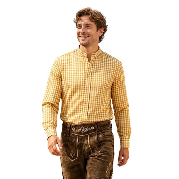 AJGRHE Classic Plaid Mandarin Collar Mens Shirt, Wheat Embroidery Long ...