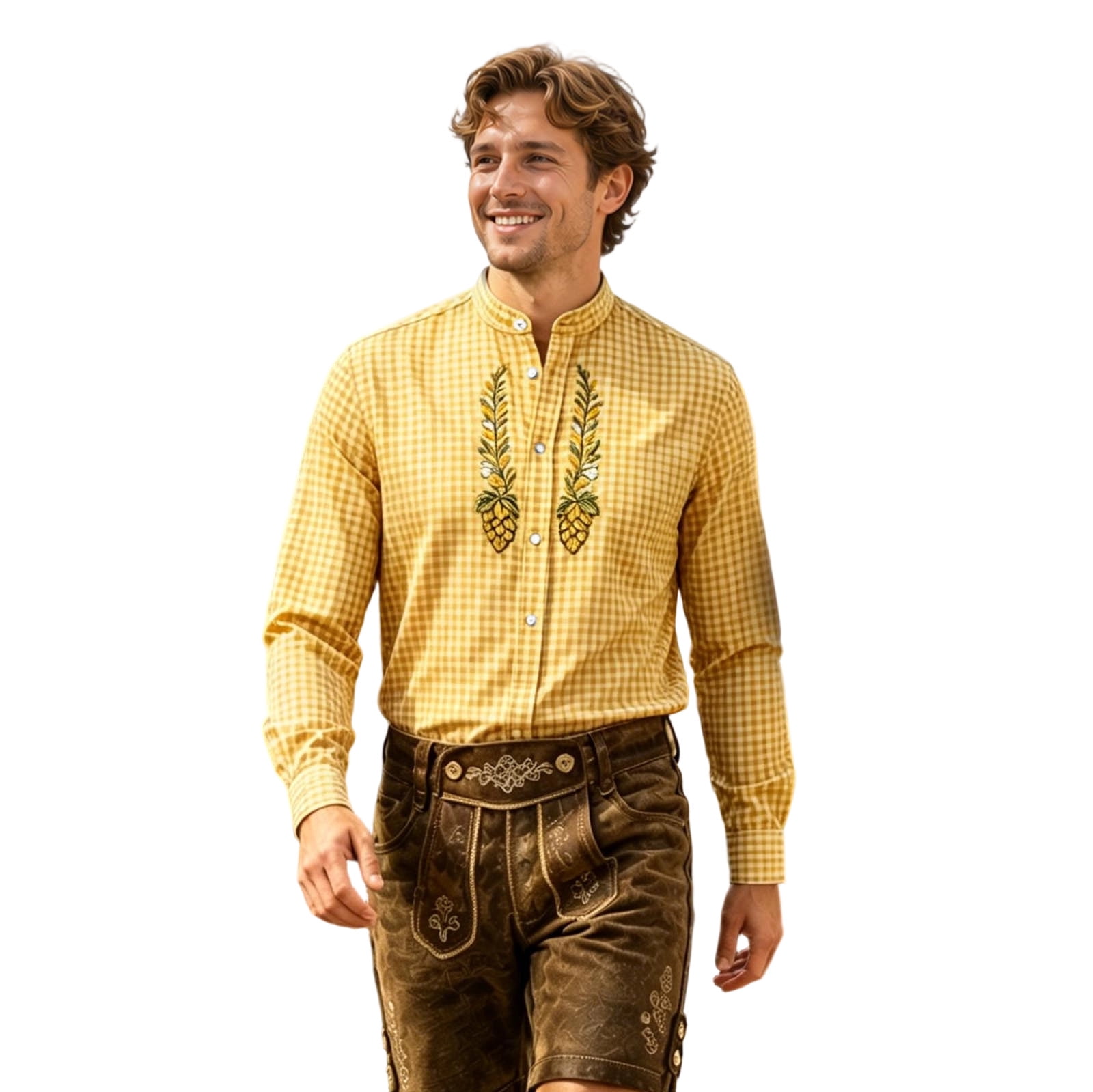 AJGRHE Classic Plaid Mandarin Collar Mens Shirt, Wheat Embroidery Long ...