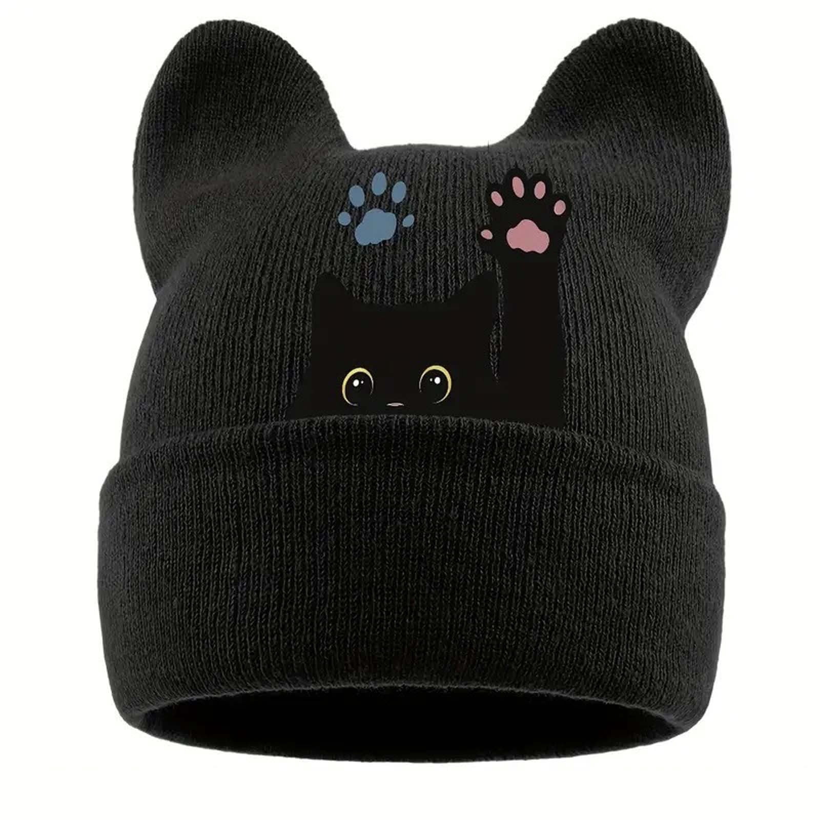 AJGRHE Cute Cat Embroidery Knitted Winter Hat With Ear Cozy Style For ...