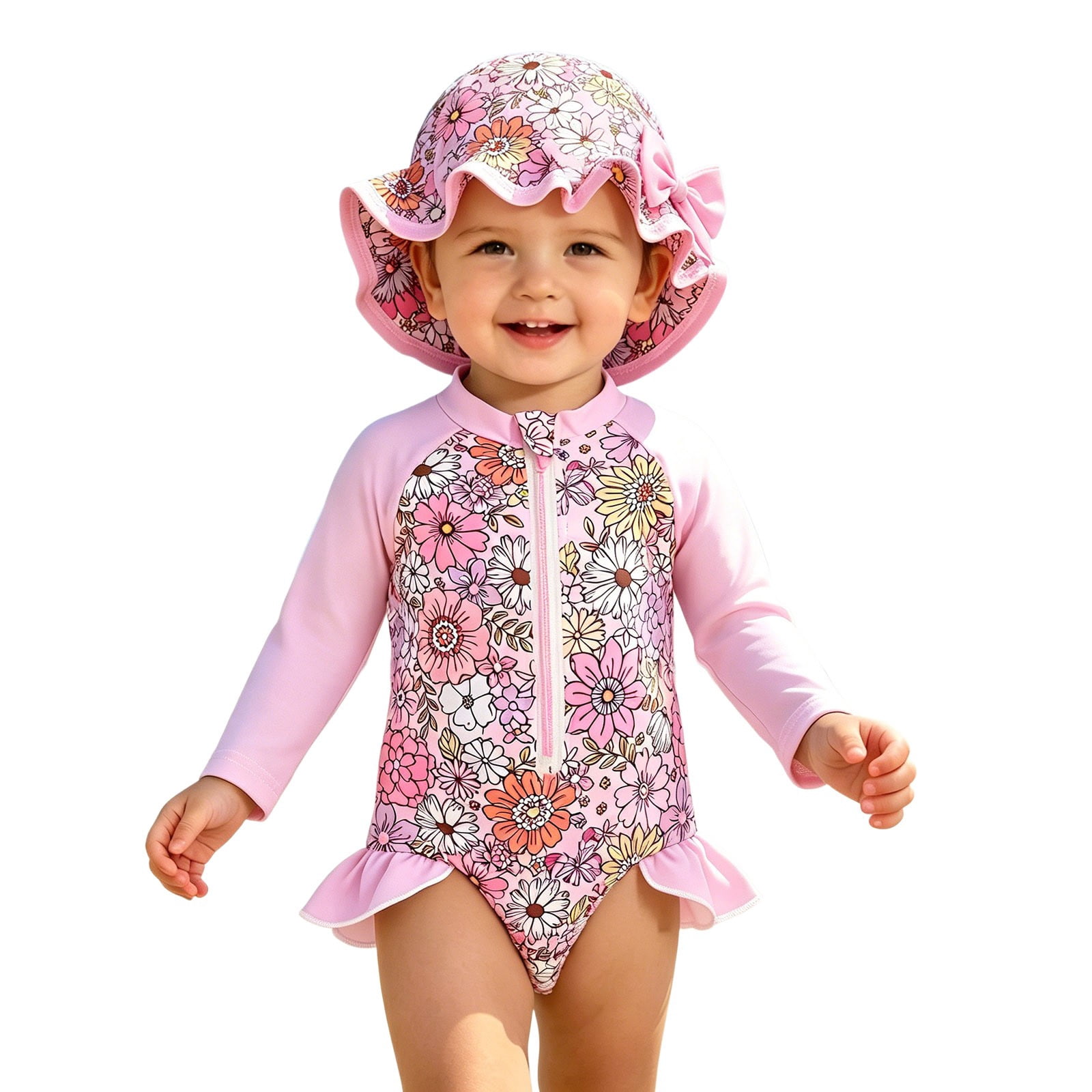 AJGRHE Girls Ruffle Hem Long Sleeve Swimsuit Set, Floral Print One ...