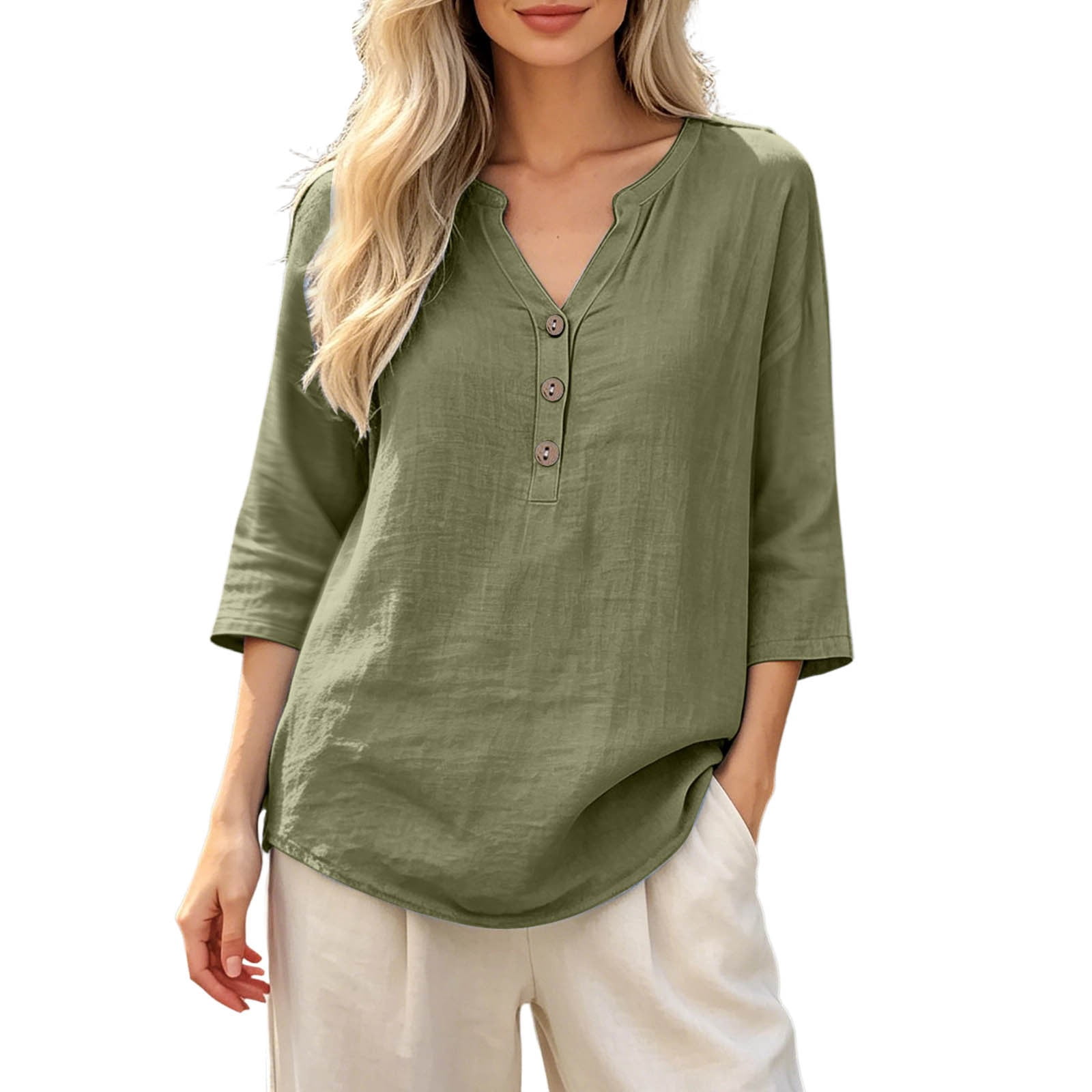 AJGRHE Linen Shirts for Women Plus Size 3/4 Sleves Summer Causal Flowy ...