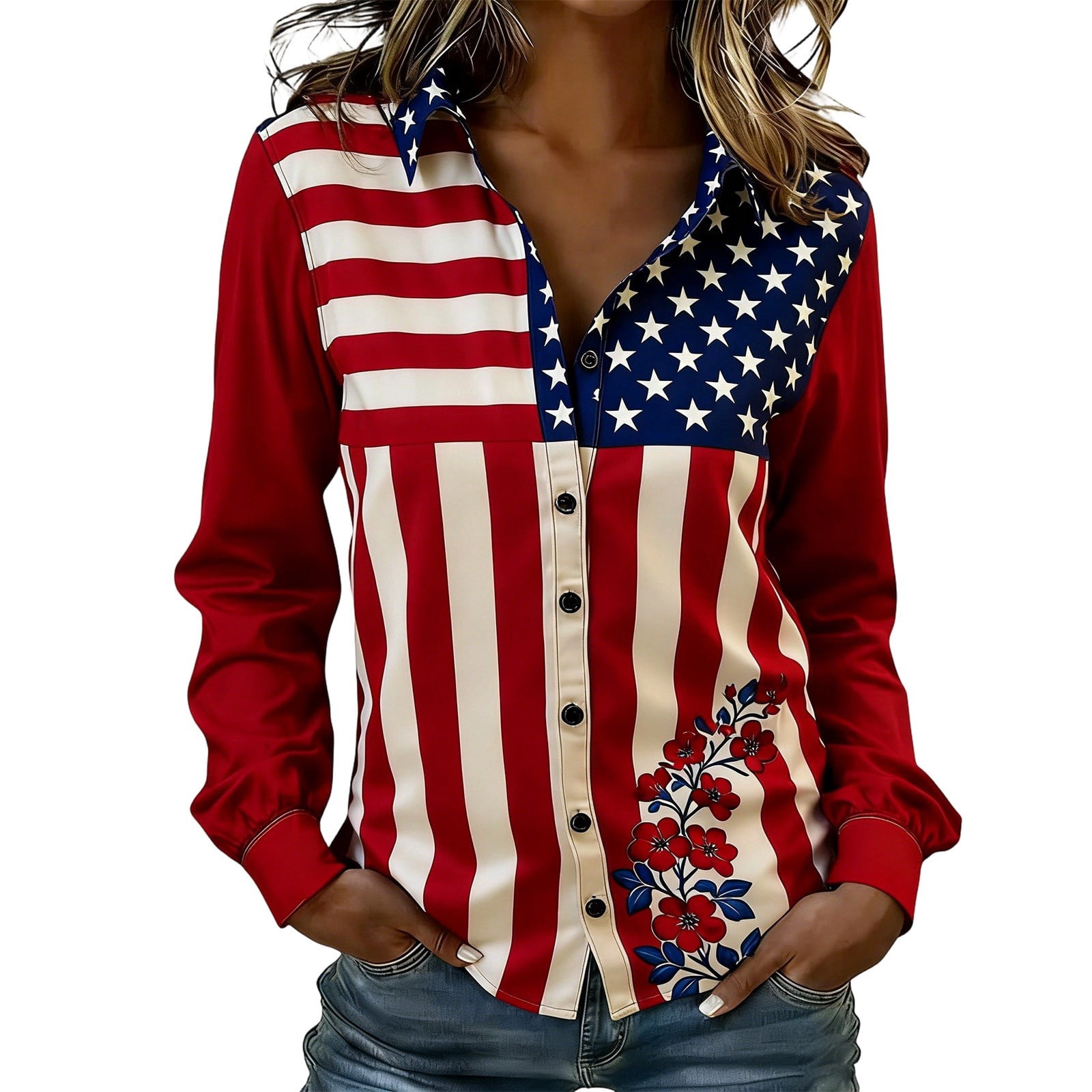 AJGRHE Patriotic Flag Print Long Sleeve Button Down Shirt for Women ...