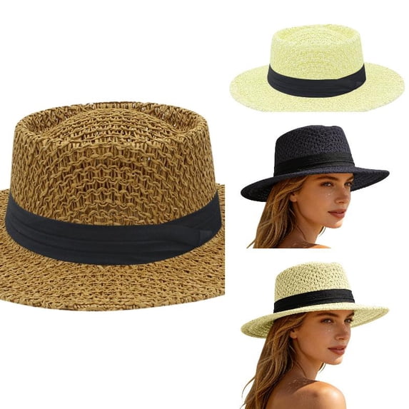 AJGRHE Summer Straw Sun Hat, Wide Brim Fedora Panama Beach Hats for Men ...