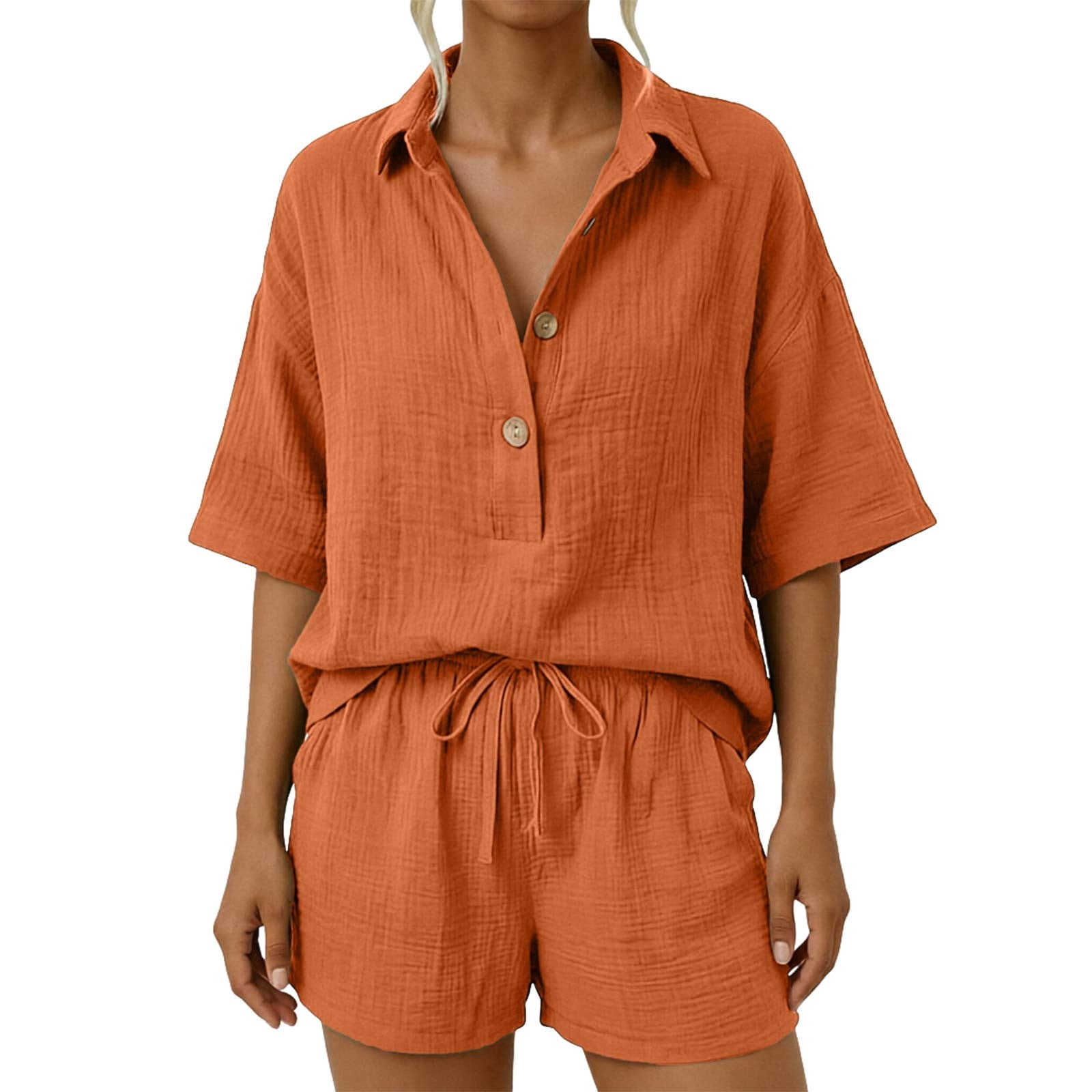 AJGRHE Women 2 Piece Linen Short Sets 2026 Summer Vacation V Neck Short ...