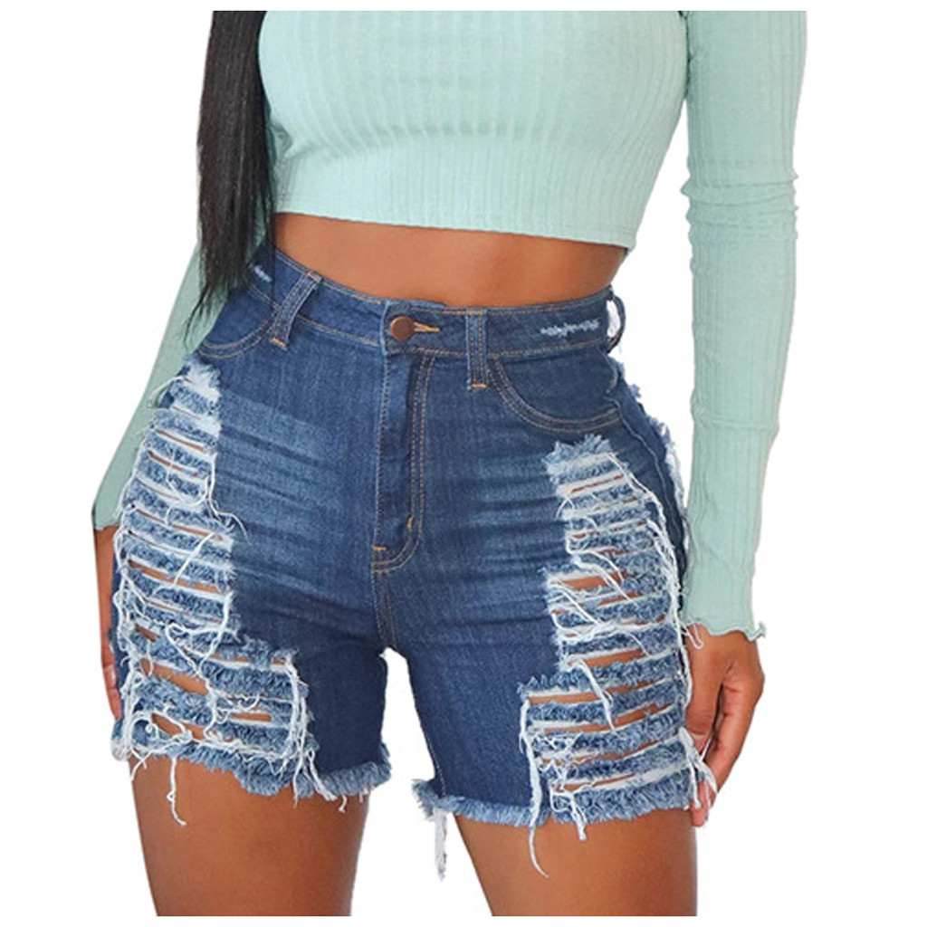 AJGRHE Women Fashion Hollow Denim Shorts with Tassels Button Up Slim ...