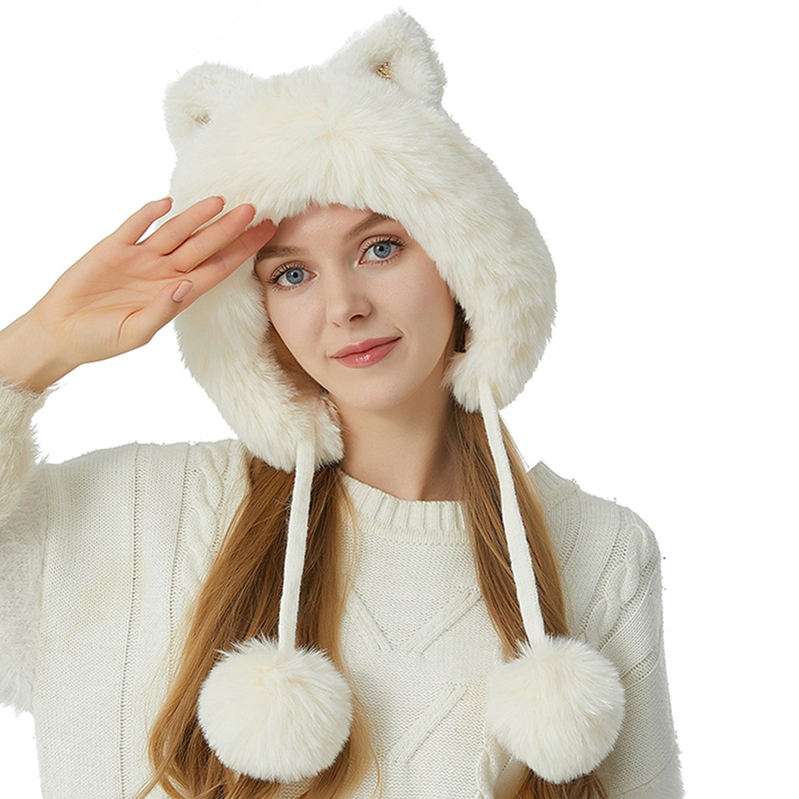 AJGRHE Women Fashion Thick Knit Hat With Cute Cat Ears Three Hair Wool ...