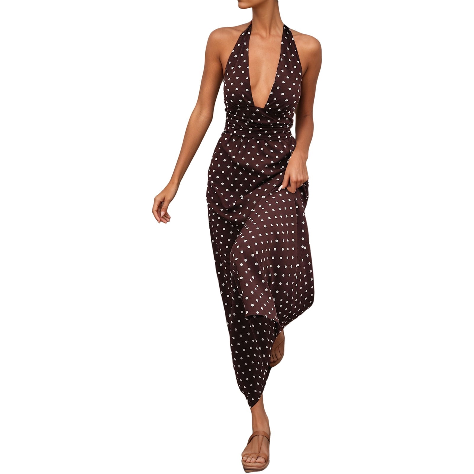 AJGRHE Women Halter V Neck Maxi Dress Backless Bodycon Low Cut Long ...