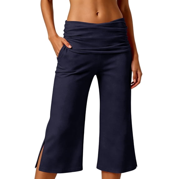 AJGRHE Women's Casual Wide Leg Cropped Pants Low Rise Fold Over Stretch ...