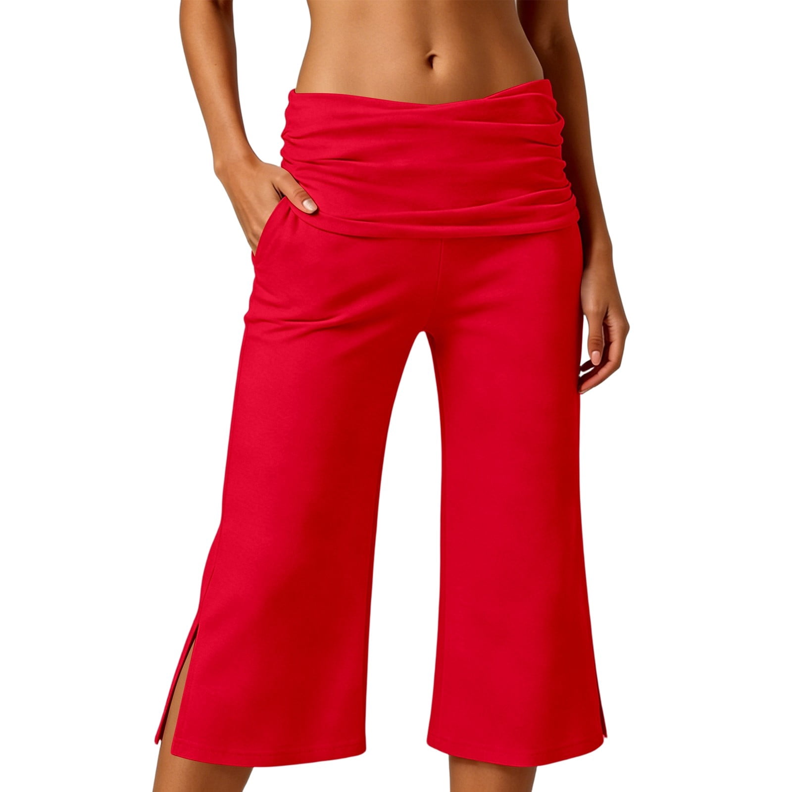AJGRHE Women's Casual Wide Leg Cropped Pants Low Rise Fold Over Stretch ...