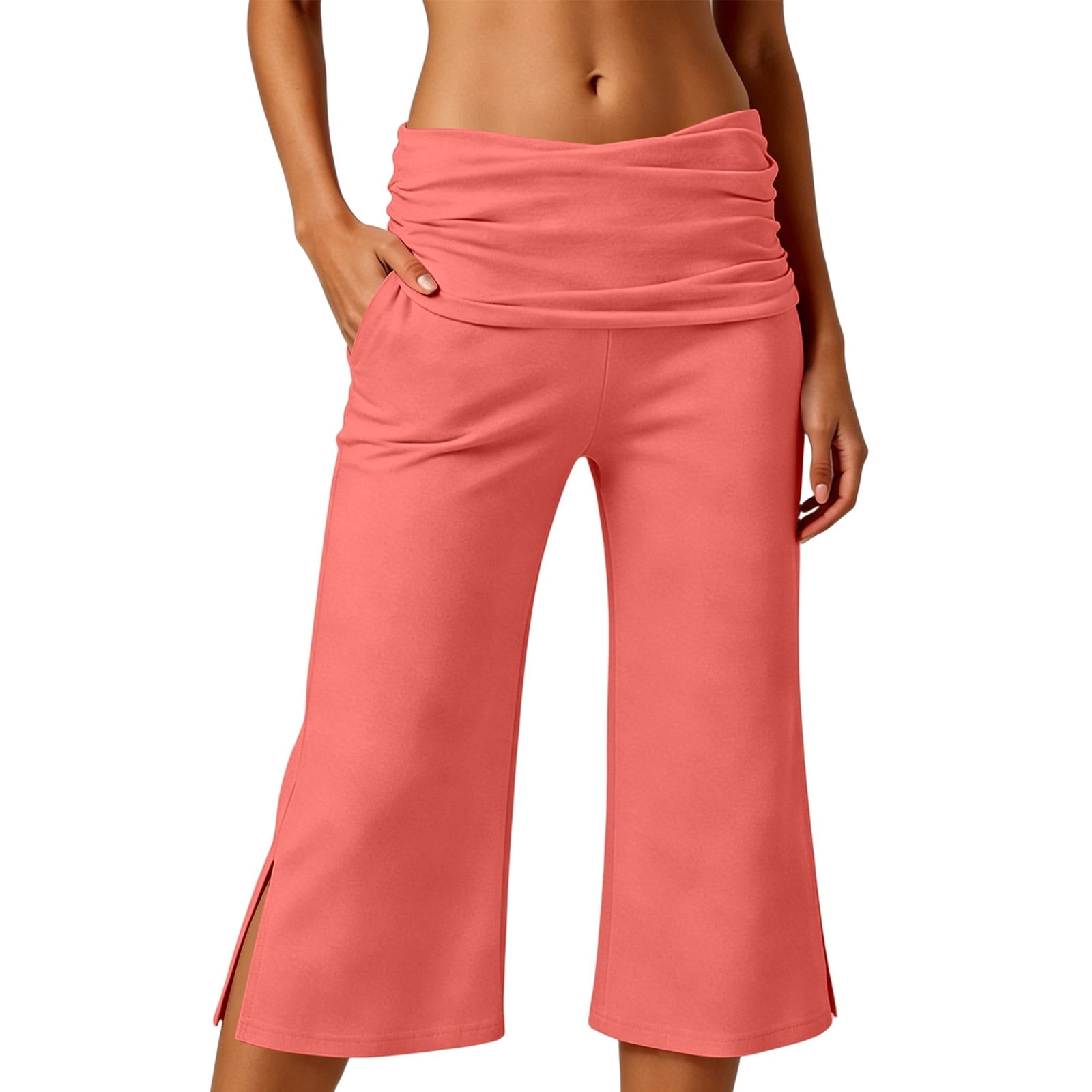 AJGRHE Women's Casual Wide Leg Cropped Pants Low Rise Fold Over Stretch ...