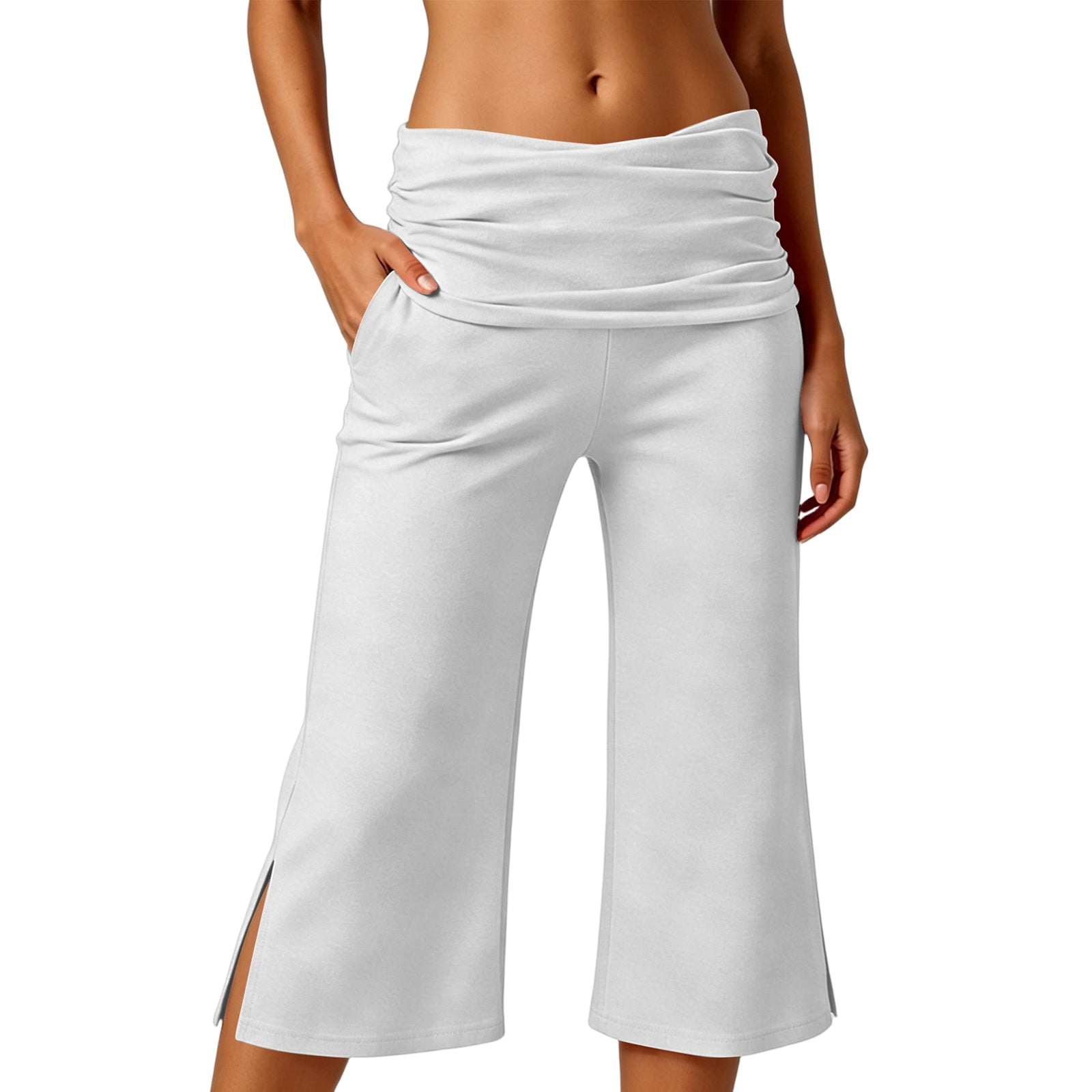 AJGRHE Women's Casual Wide Leg Cropped Pants Low Rise Fold Over Stretch ...