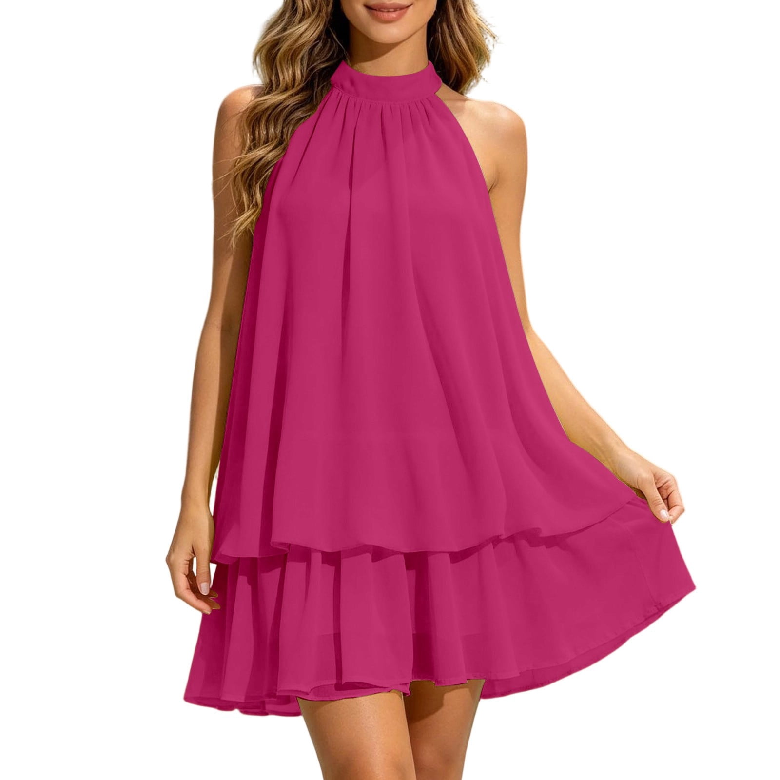 AJGRHE Women's Halter Tie Open Back Layer Chiffon Dress, Double Layer ...